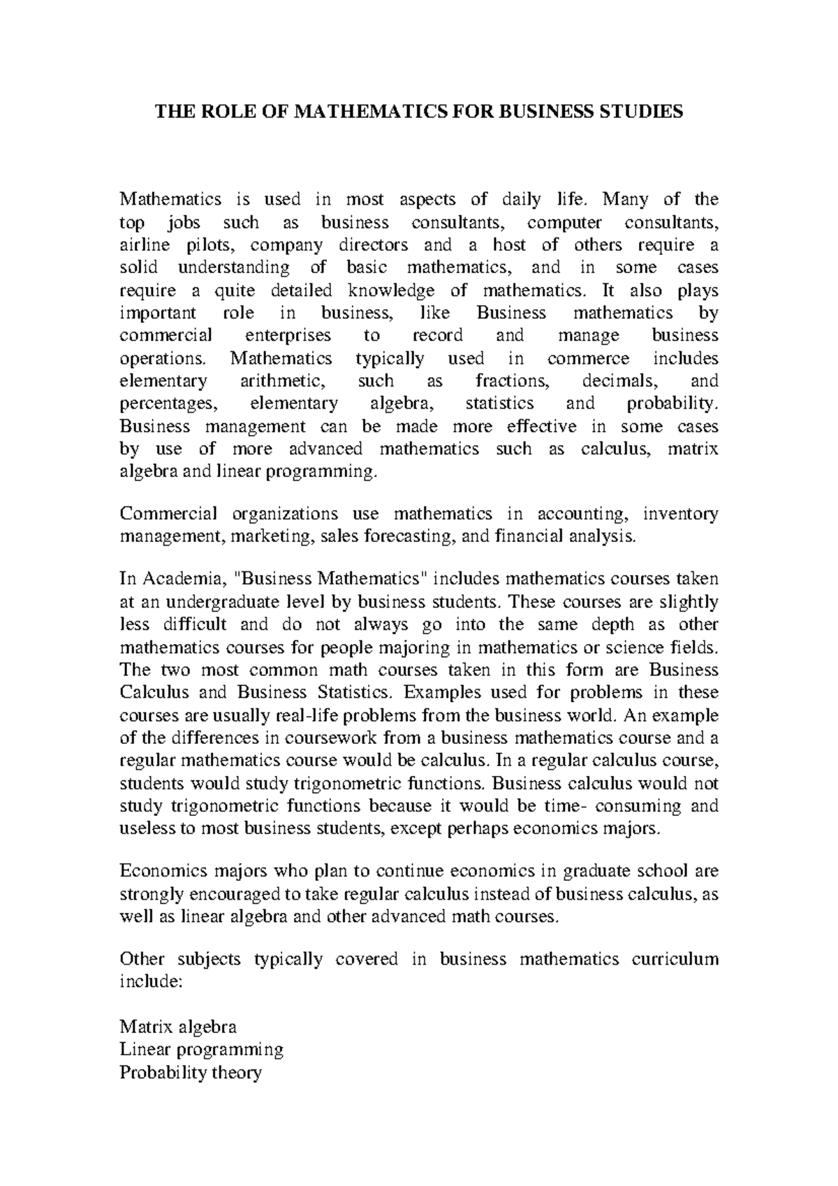 The Role Of Mathematics In Business Studies THE ROLE OF MATHEMATICS