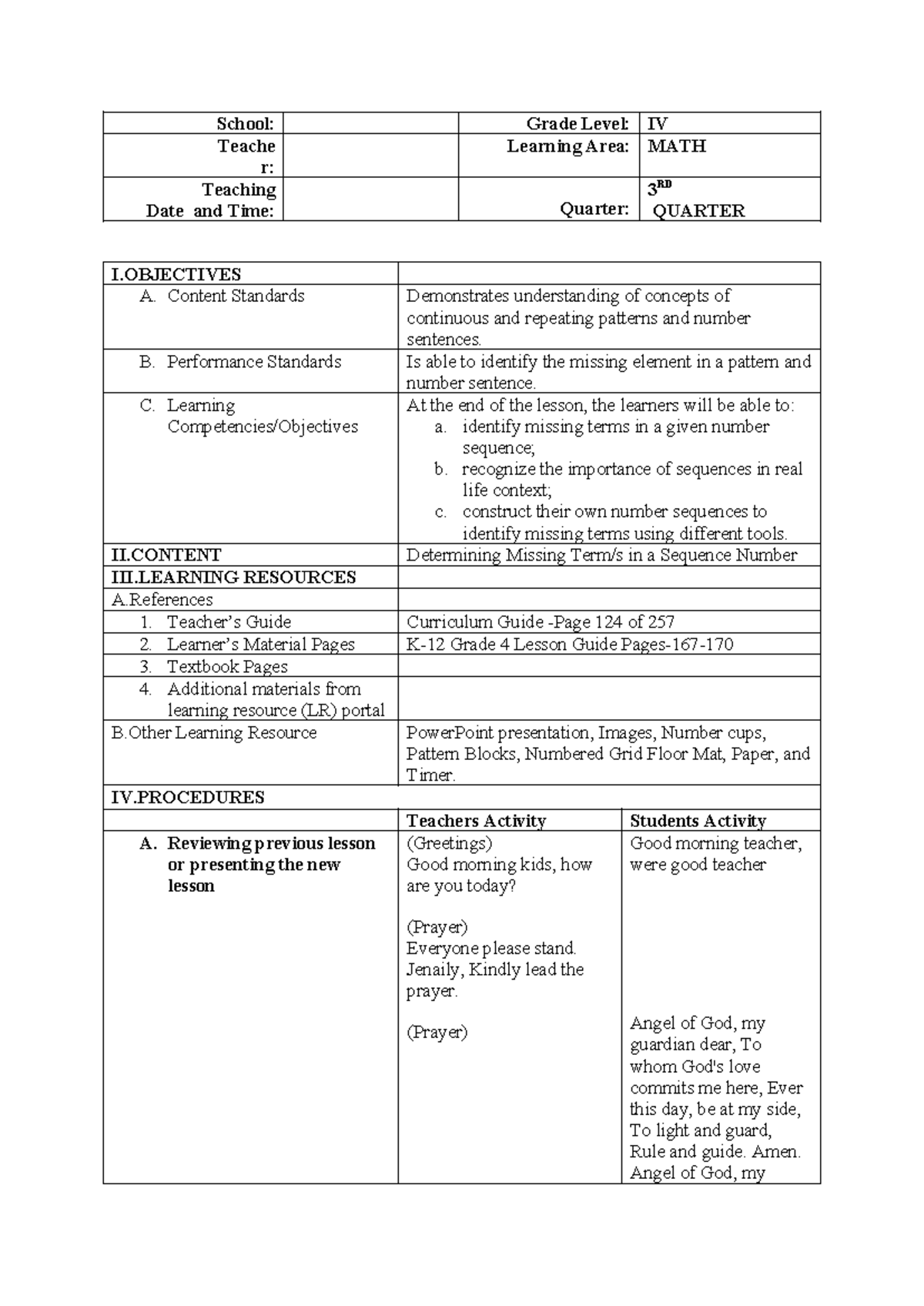 Final Lesson PLAN Patterns AND Algebra - School: Grade Level: IV Teache ...