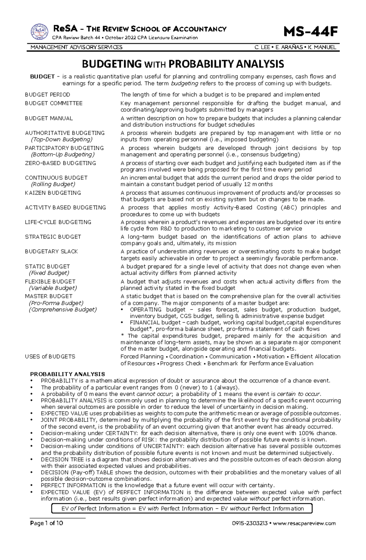 MS-44F (Budgeting with Probability Analysis) - ReSA - THE REVIEW SCHOOL ...