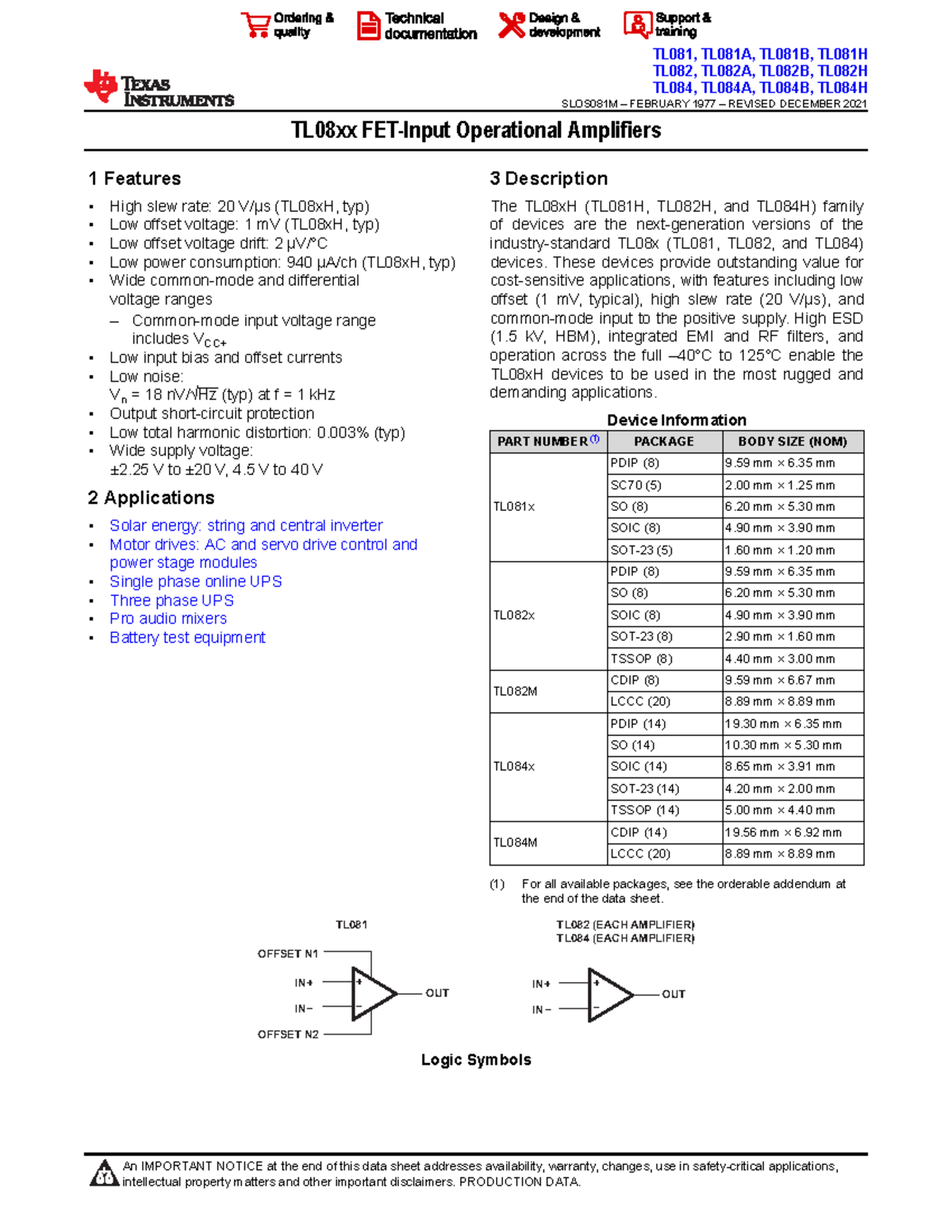 Tl081 - Genial - TL08xx FET-Input Operational Amplifiers 1 Features • High slew rate: 20 V/μs ...