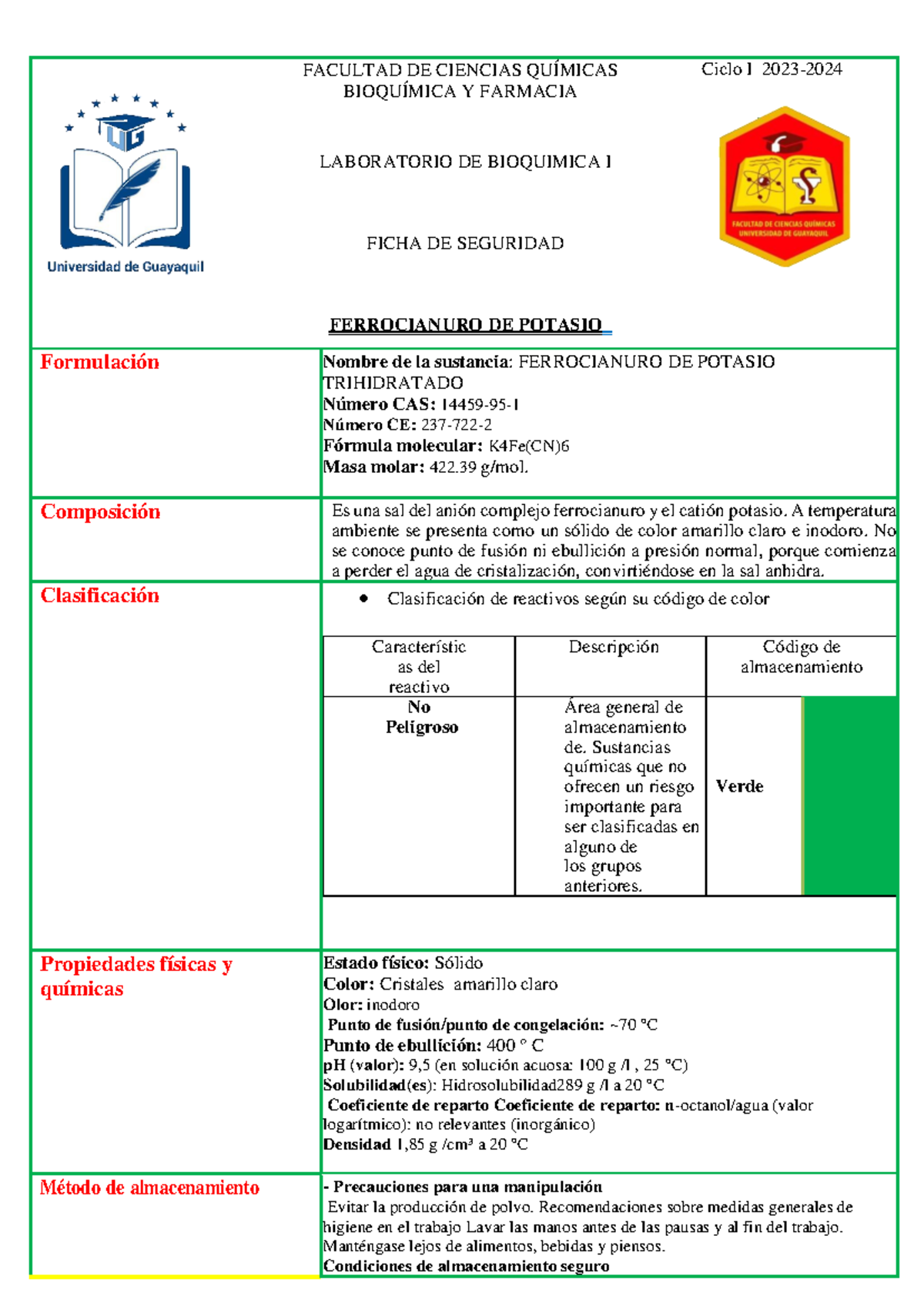 MSDS Ferrocianuro DE Potasio - FACULTAD DE CIENCIAS QUÍMICAS Ciclo I ...
