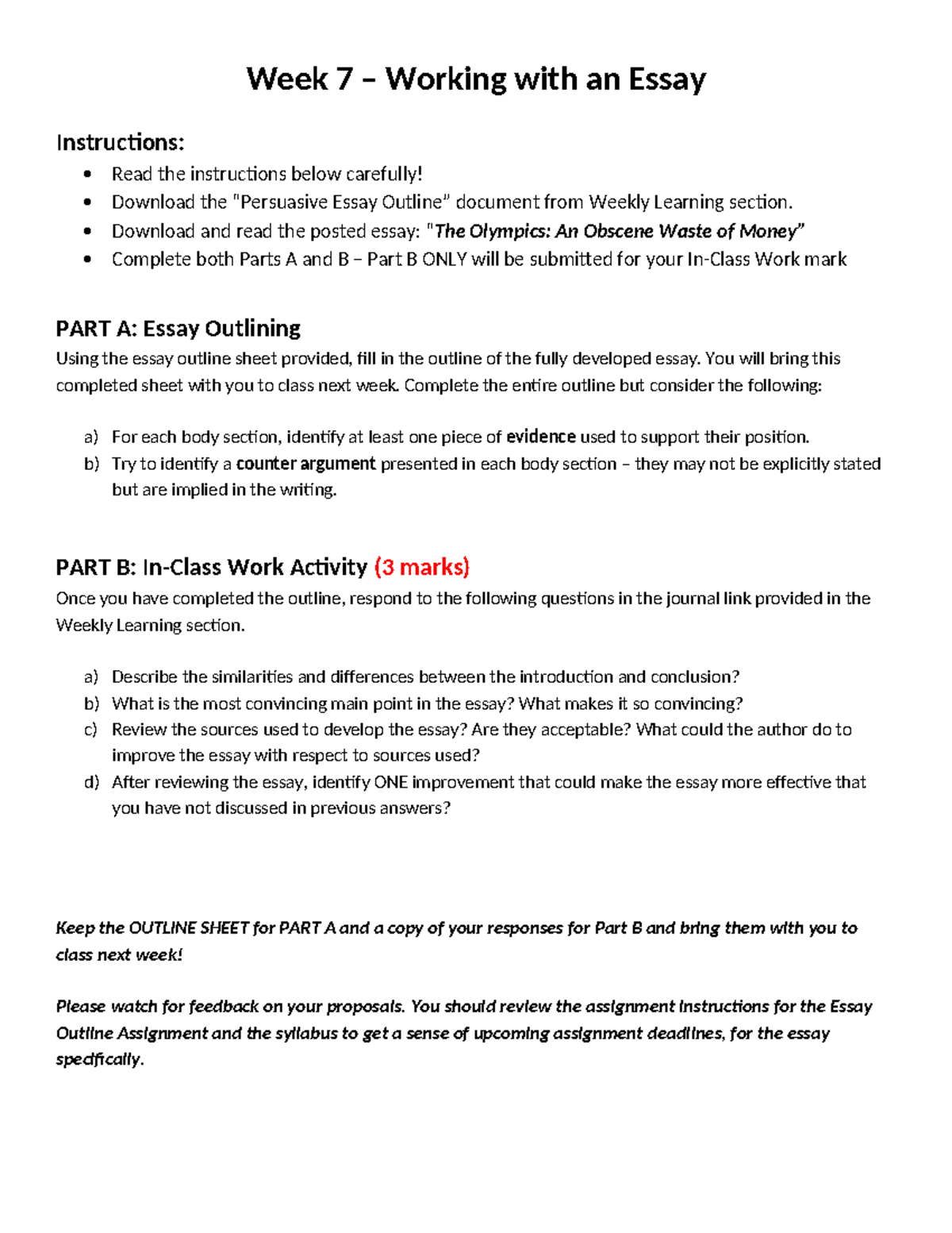 Week 7 - Activity Instructions - Week 7 – Working with an Essay ...