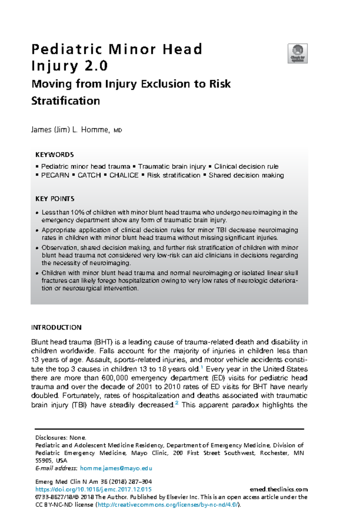 Pediatric Minor Head Injury 2.0 Moving from Injury Exclusion to Risk ...