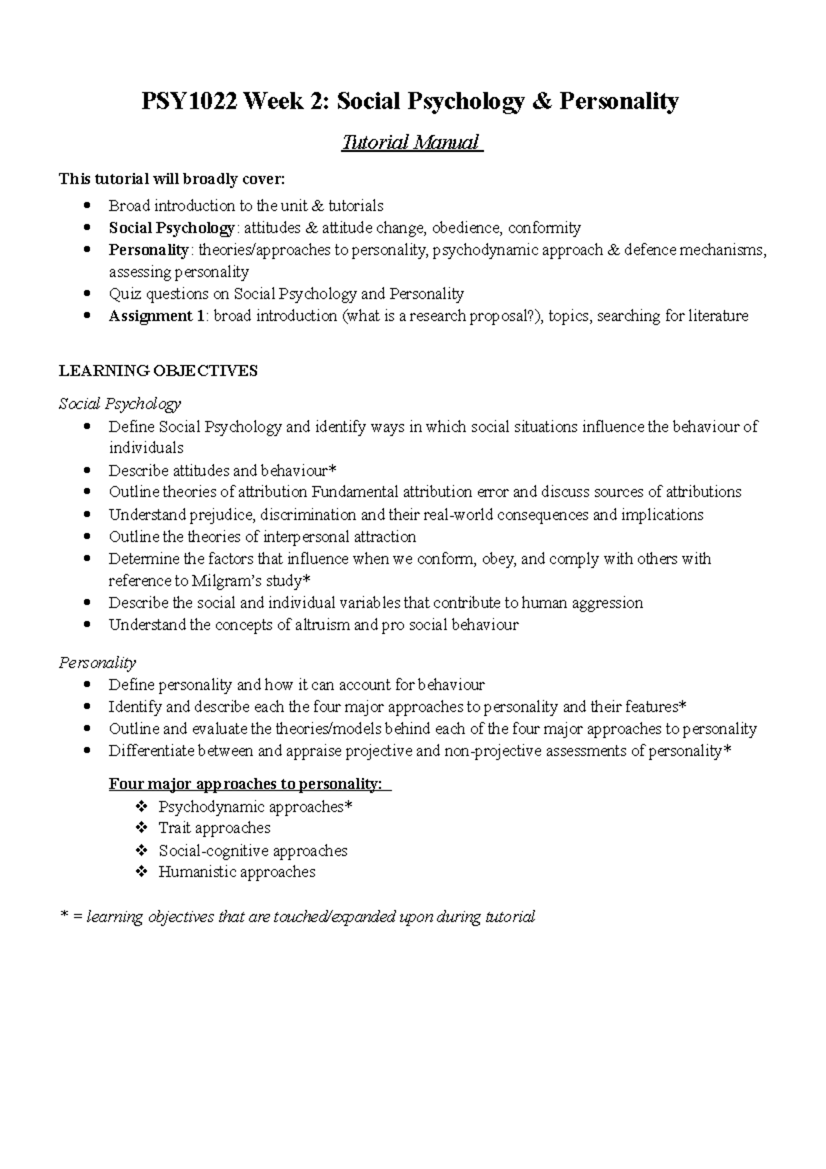 PSY1022 Week 2 (Tutorial 1) - Student Manual (1)personality - PSY1022 ...
