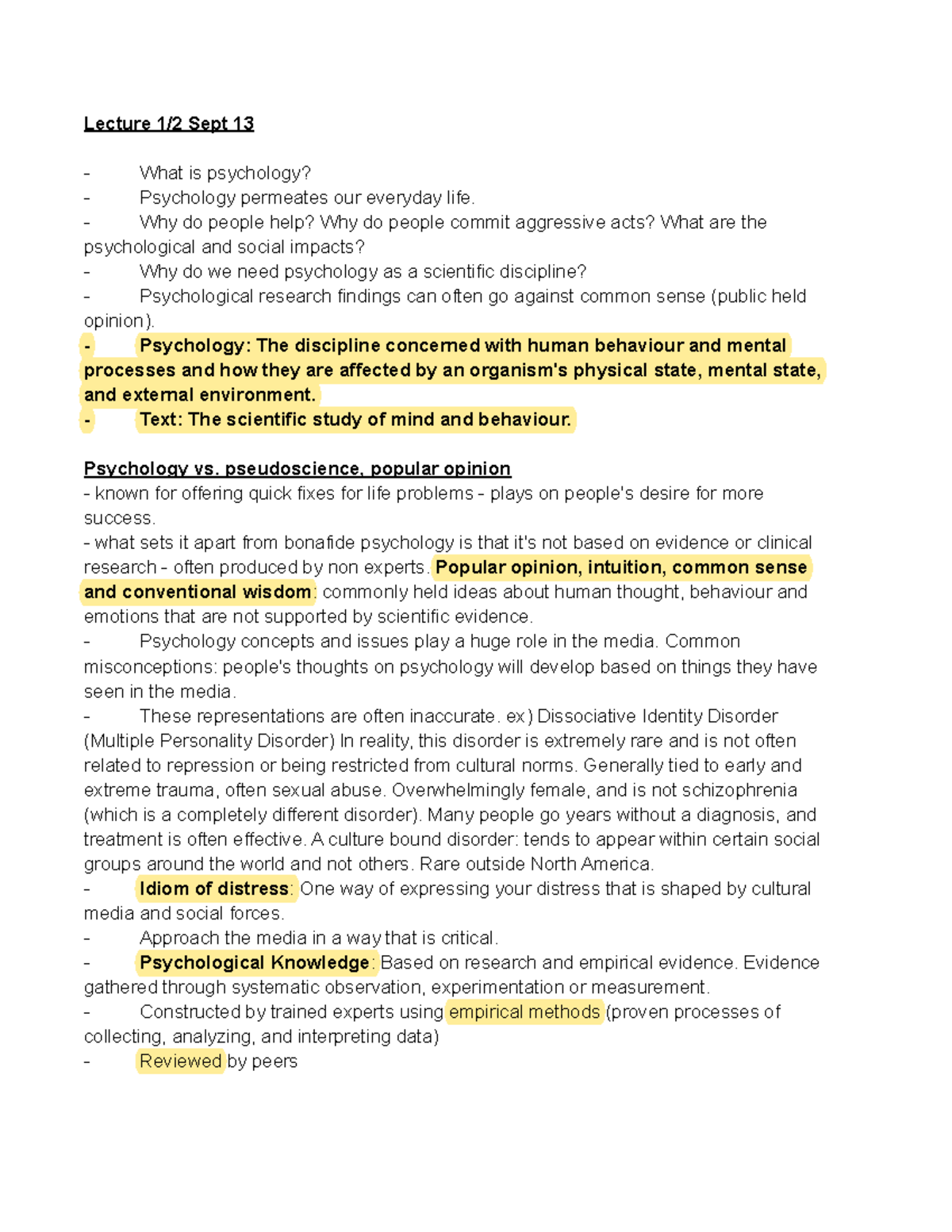 Psych 120 Notes for the entire term of 2021/2022 - Lecture 1/2 Sept 13 ...