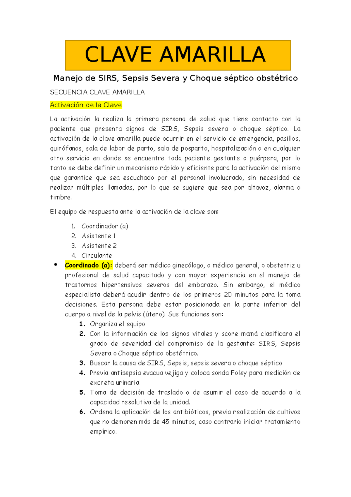 Clave Amarilla - Resumen Ginecologia - CLAVE AMARILLA Manejo de SIRS ...