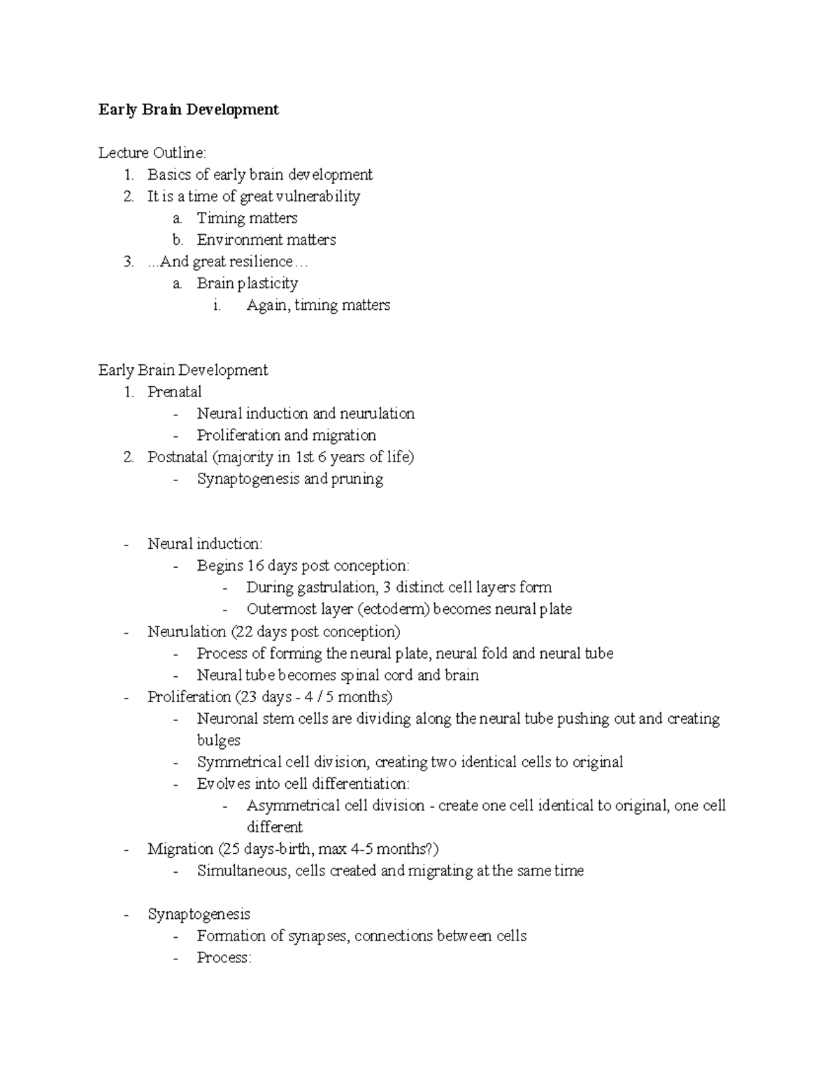 Early Brain Development - Early Brain Development Lecture Outline: 1 ...