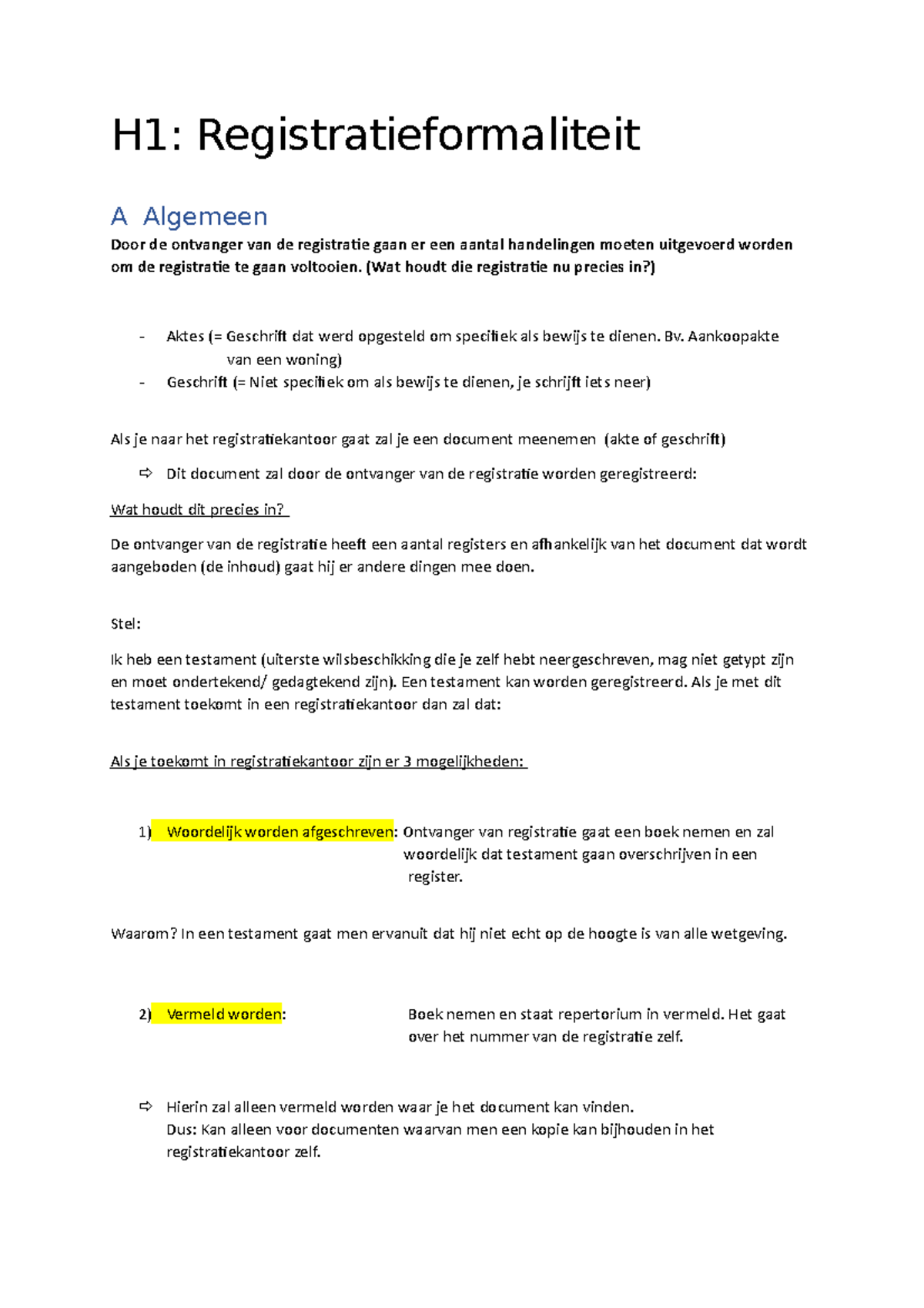 H1 Registratieformaliteit - (Wat houdt die registratie nu precies in ...