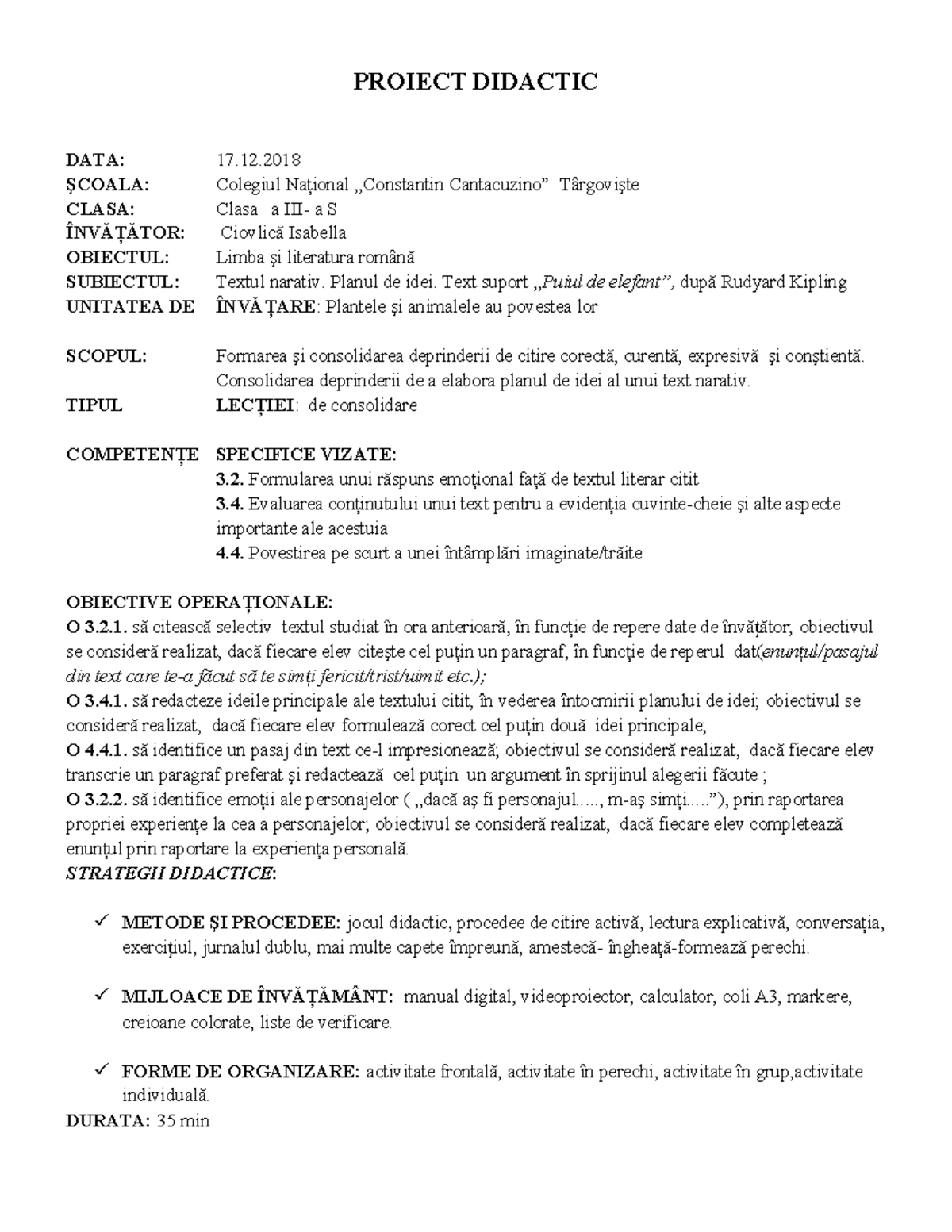 Limba romana 17 - plan de lectie alternativ - PROIECT DIDACTIC DATA: 17 ...