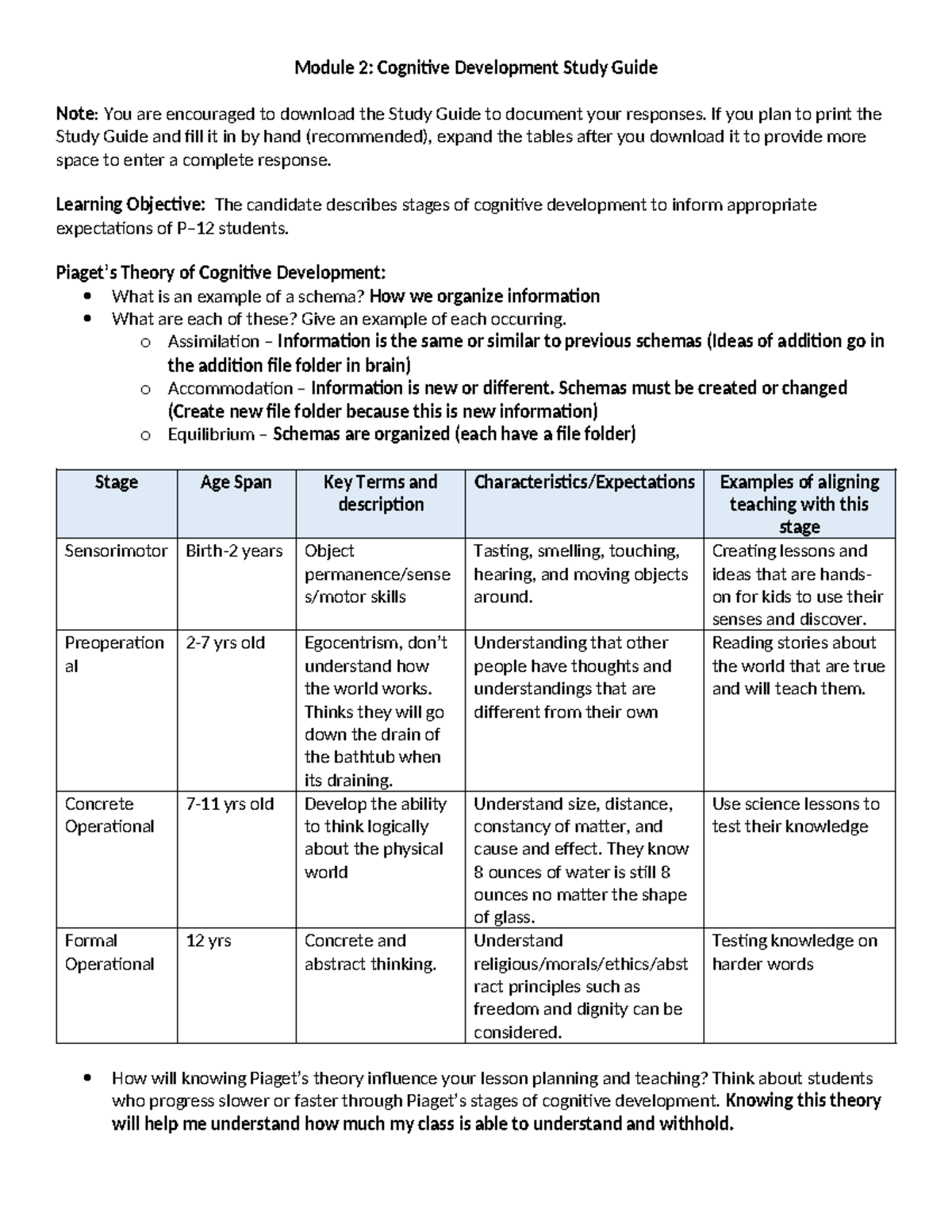 D094 d307 m2 study guide - Module 2: Cognitive Development Study Guide ...