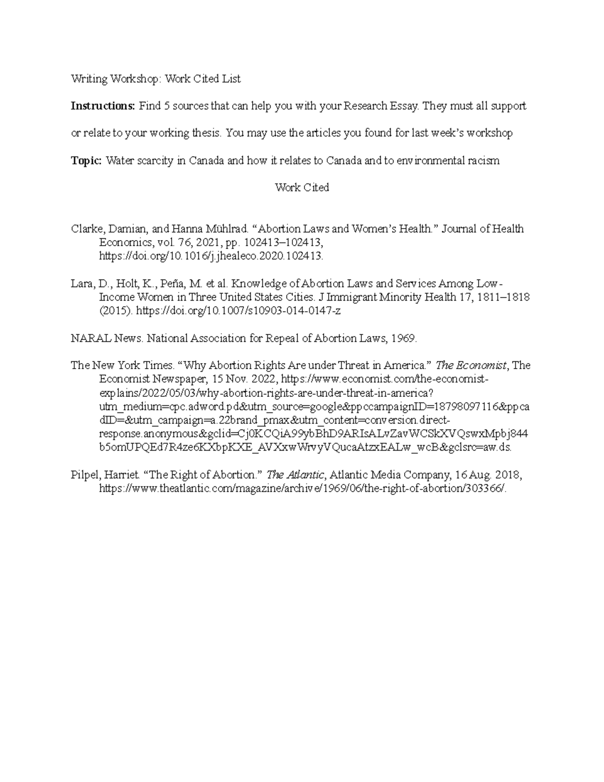 Writing Workshop - english - Writing Workshop: Work Cited List ...