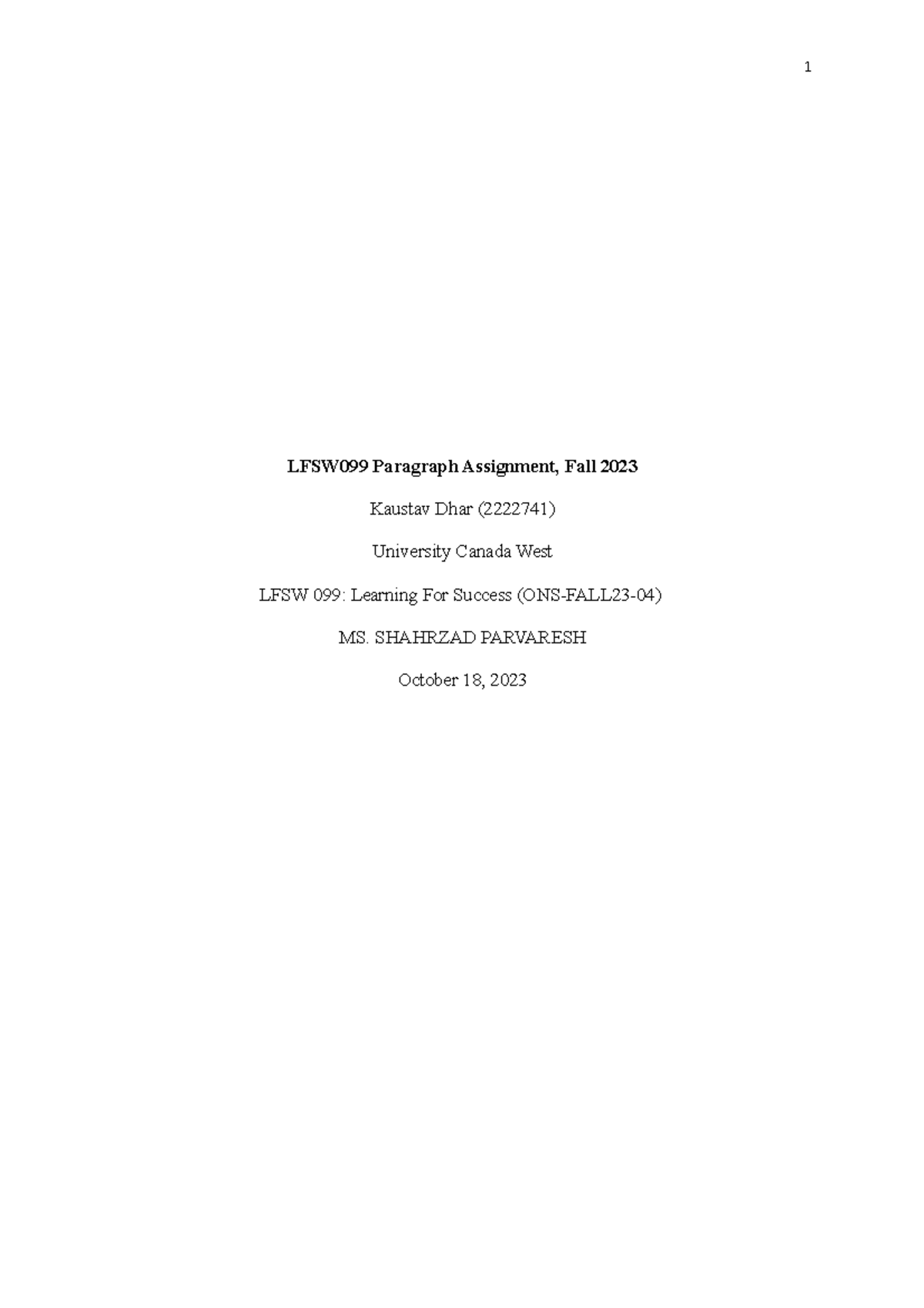 LFSW099 Paragraph Assignment, Fall 2023 Kaustav - SHAHRZAD PARVARESH ...