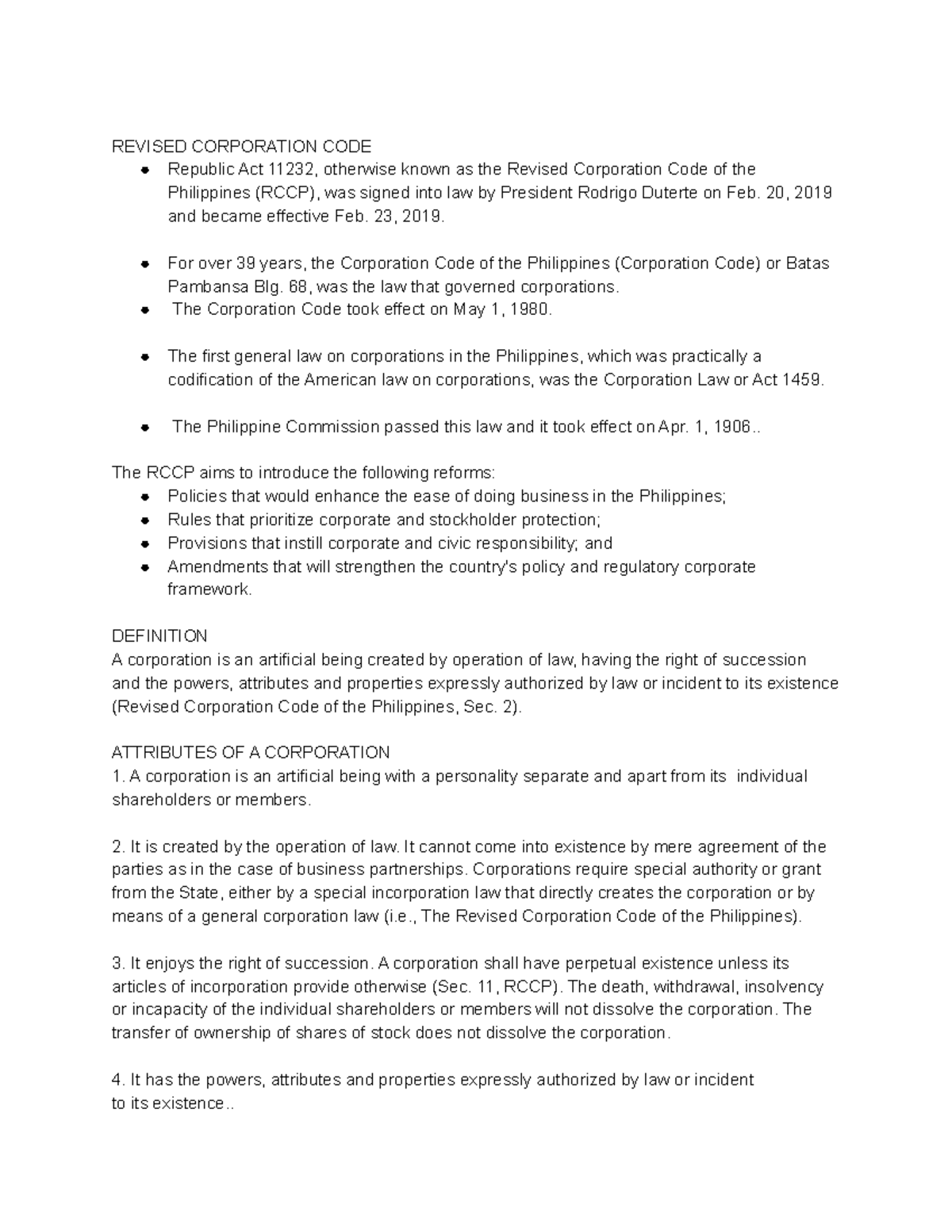 Revised Corporation CODE - REVISED CORPORATION CODE Republic Act 11232 ...