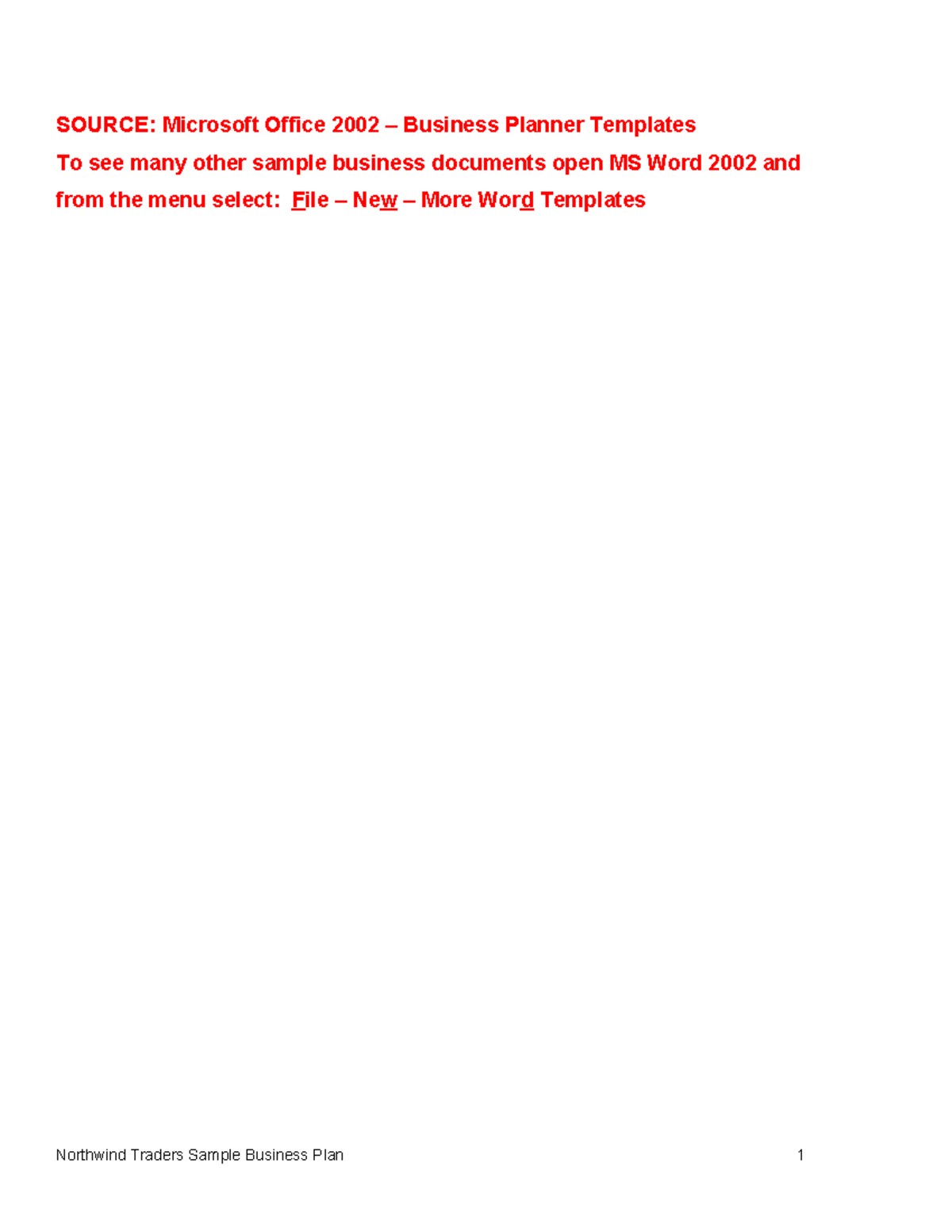 Sample Business Plan - SOURCE: Microsoft Office 2002 – Business Planner ...