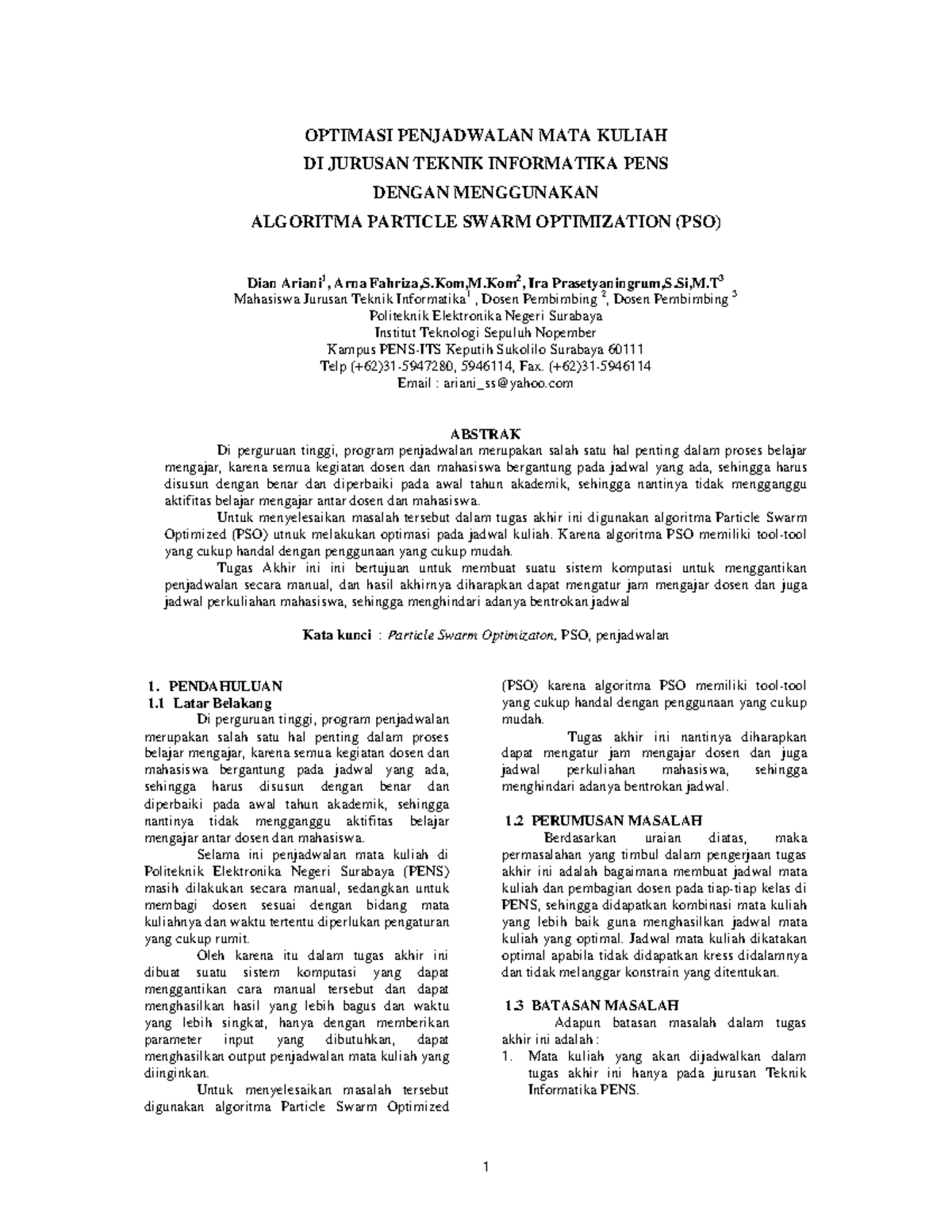 Optimasi Penjadwalan MATA Kuliah DI Jurusan Teknik Informatika PENS ...