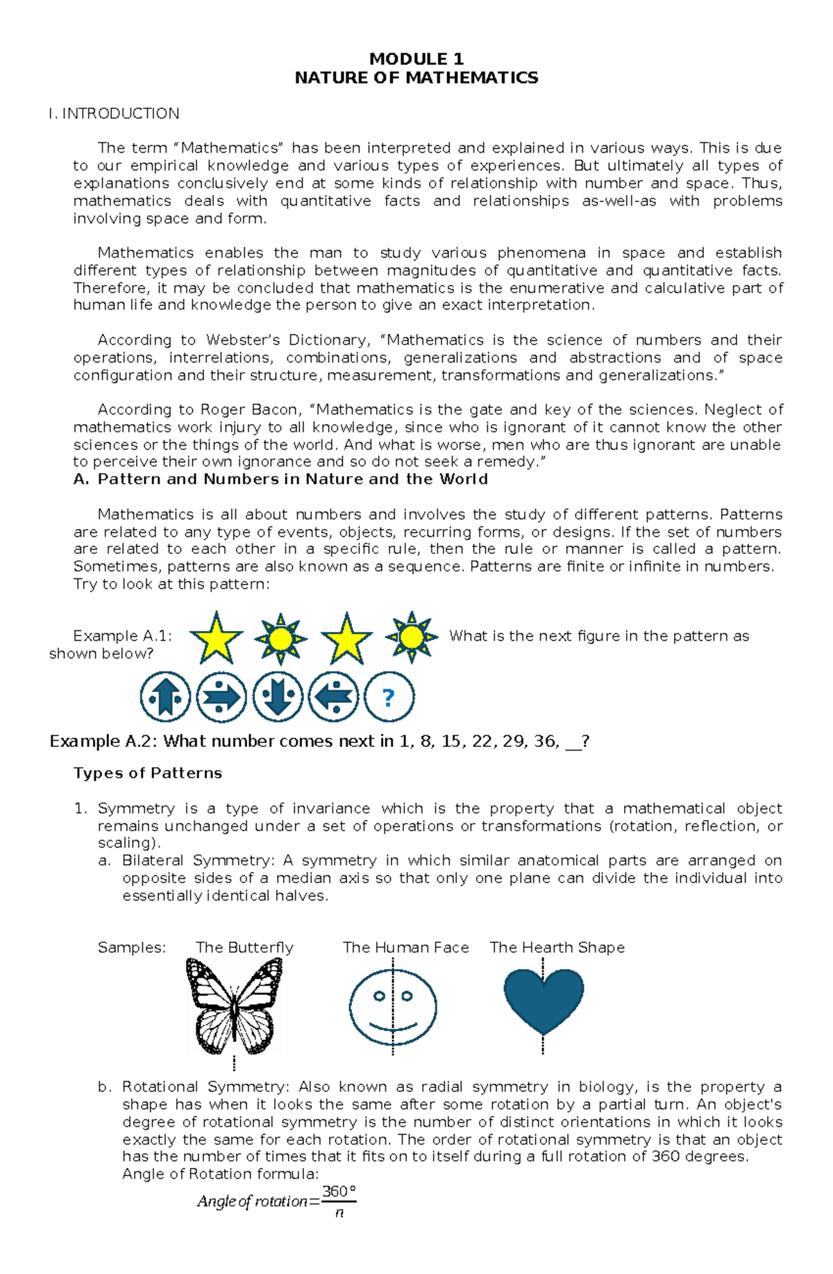 Module 1 MMW For Students - MODULE 1 NATURE OF MATHEMATICS I. INTRODUCTION The term “Mathematics ...