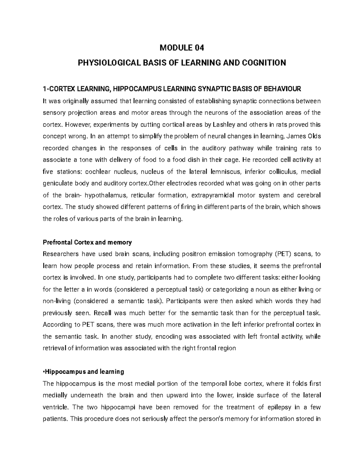 Psychological basis of learning and cognition - MODULE 04 PHYSIOLOGICAL ...