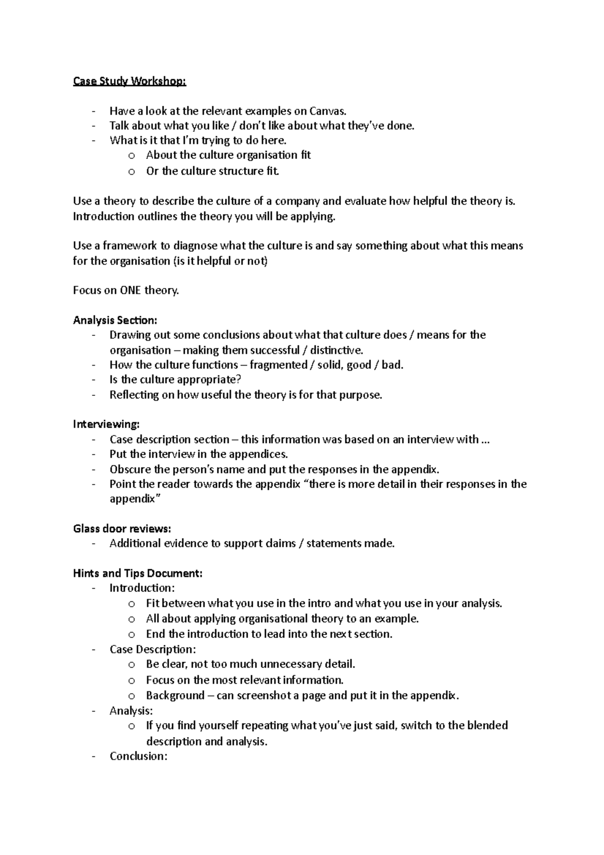 Case Study Workshop - Comprehensive notes from the seminar, seminar led ...