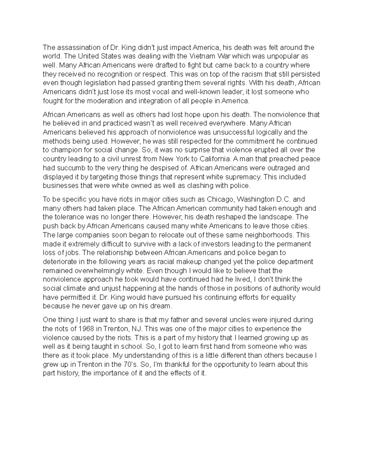 Week 5 DB - Discussion Board - The assassination of Dr. King didn’t ...