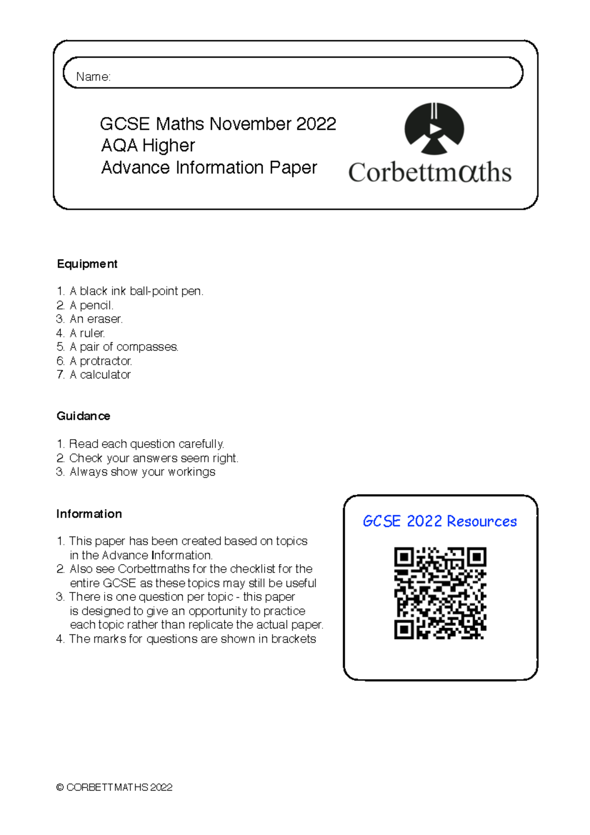 Nov 22 AQA Higher Paper - Name: GCSE Maths November 2022 AQA Higher ...