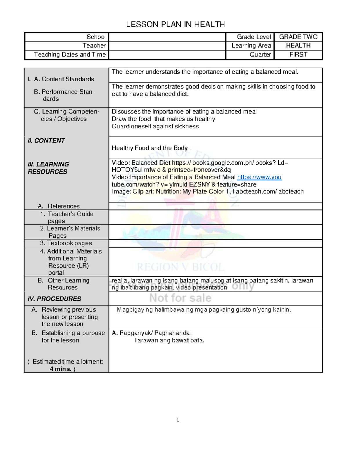 Health Grade 2 - School Grade Level GRADE TWO Teacher Learning Area ...