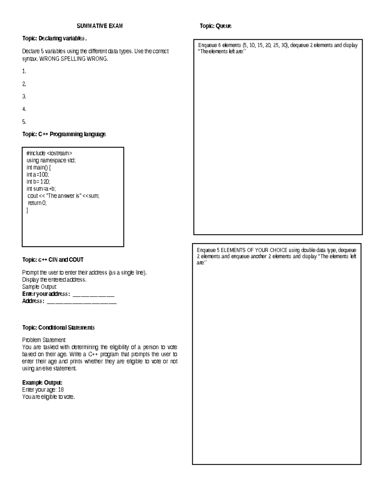 Summative EXAM-DSA - dfs - SUMMATIVE EXAM Topic: Declaring variables ...