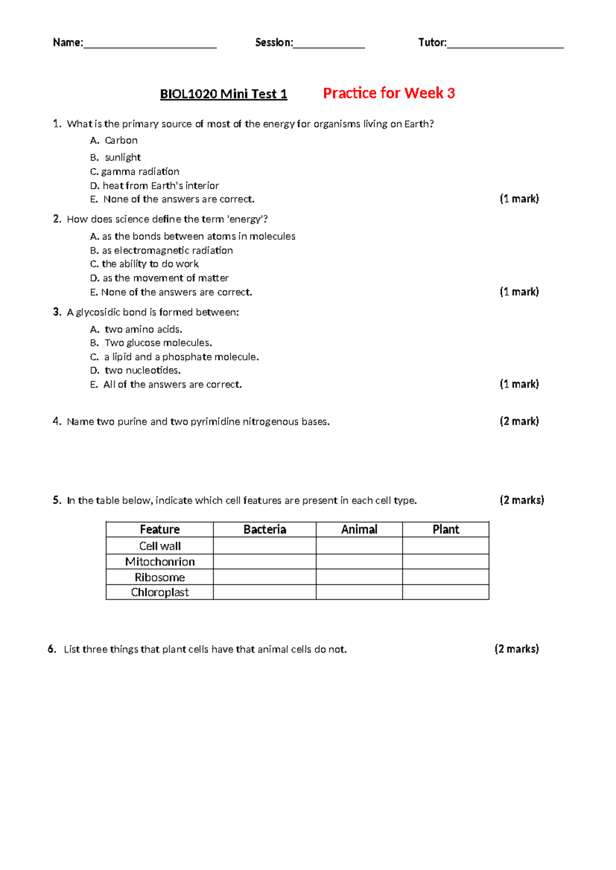 BIOL1020 Mini Test example - Name: Session: Tutor: BIOL1020 Mini Test 1 ...