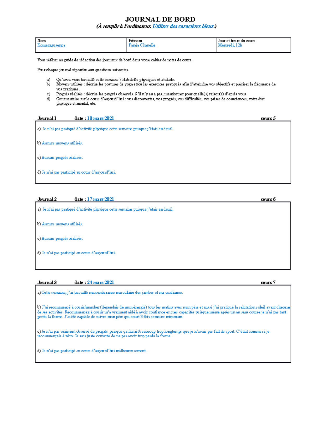 Journal de bord et bilan final - JOURNAL DE BORD (À remplir à l ...