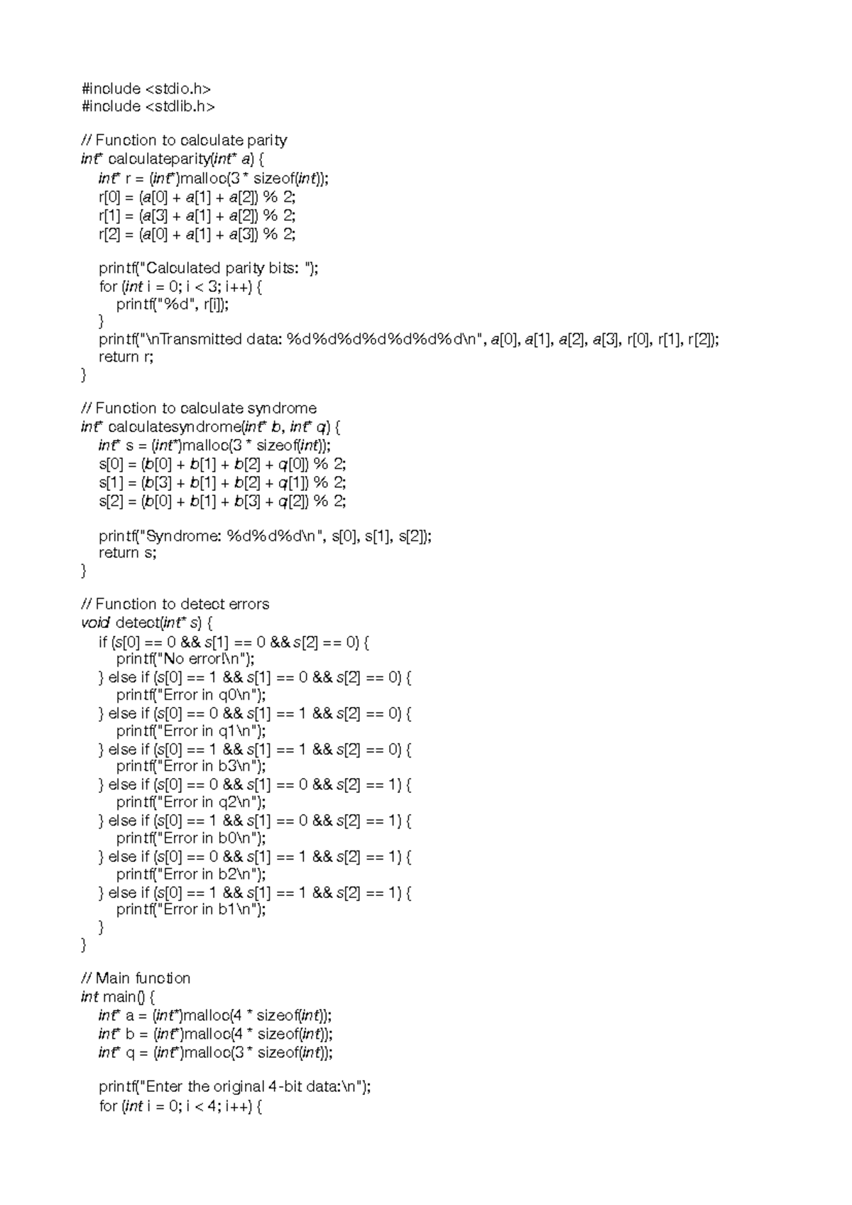 codes for cn lab - #include // Function to calculate parity int* calculateparity(int* - Studocu