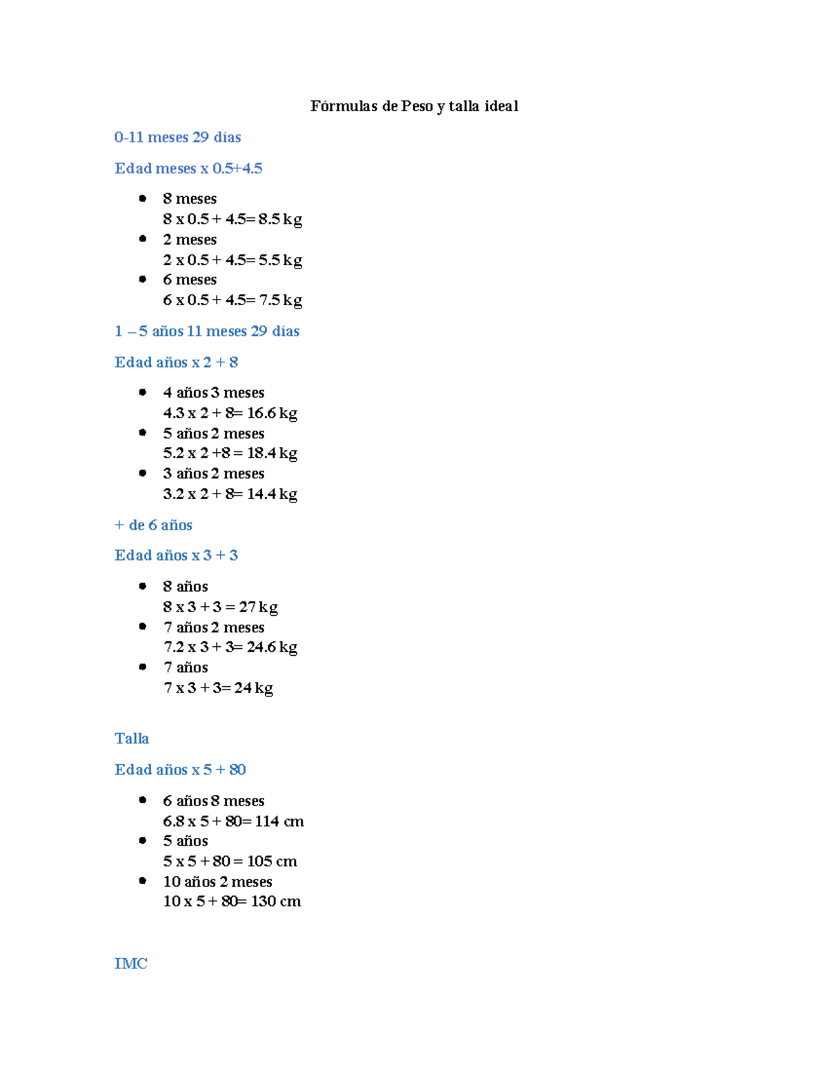 Fórmulas de Peso y talla ideal - Fórmulas de Peso y talla ideal 0-11 ...