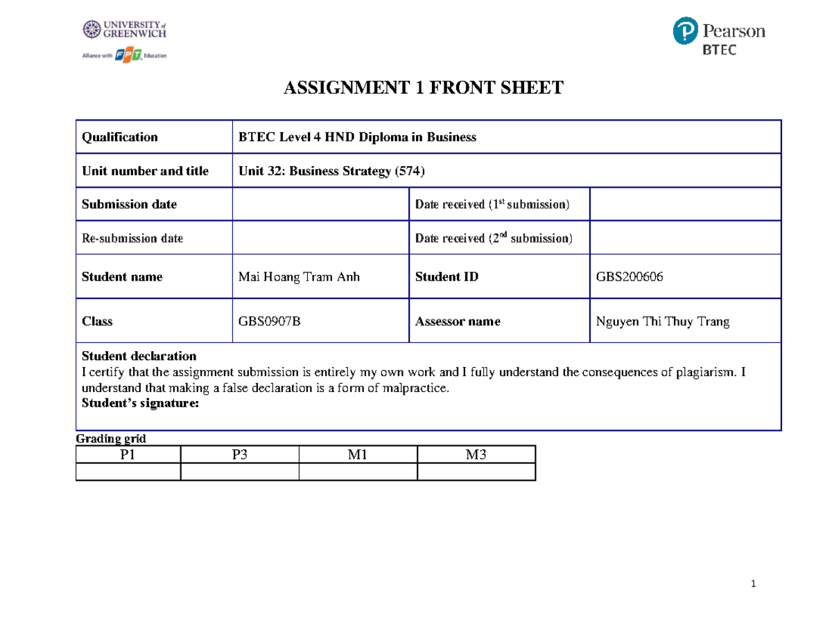 Asm1 574 574 Assignment 1 Front Sheet Qualification Btec Level 4 Hnd Diploma In Business