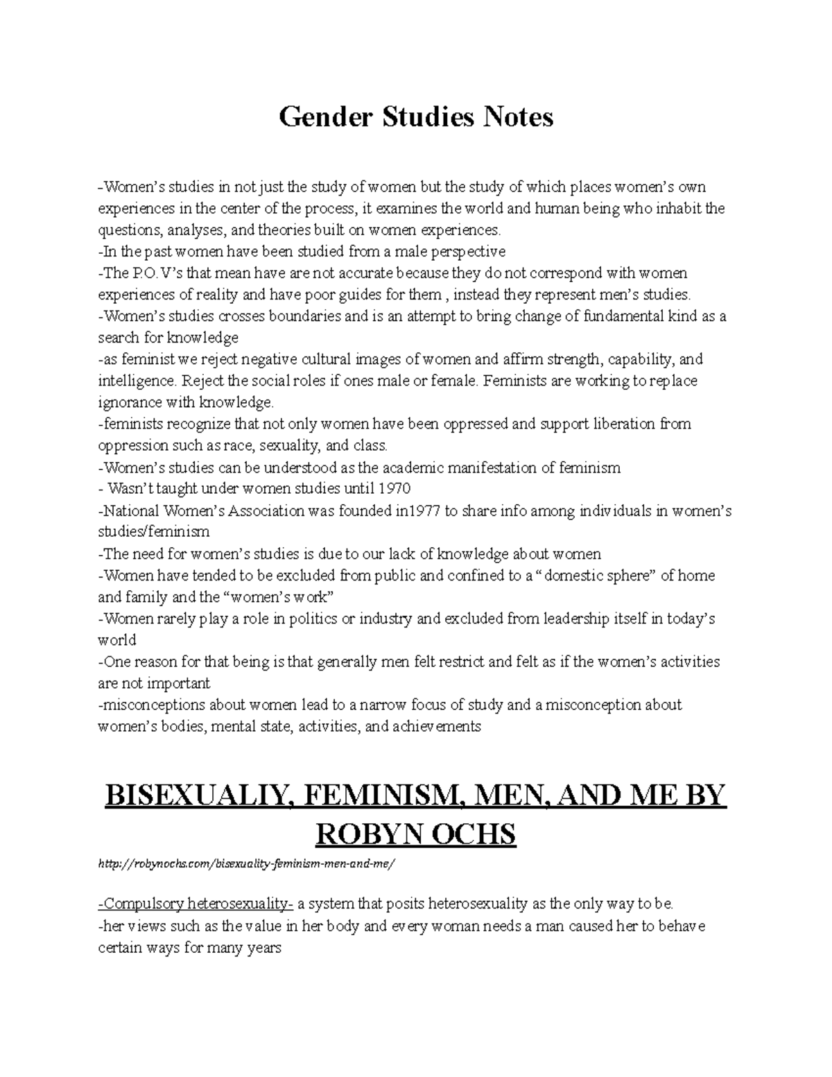 Gender Studies Notes -In the past women have been studied from a male ...