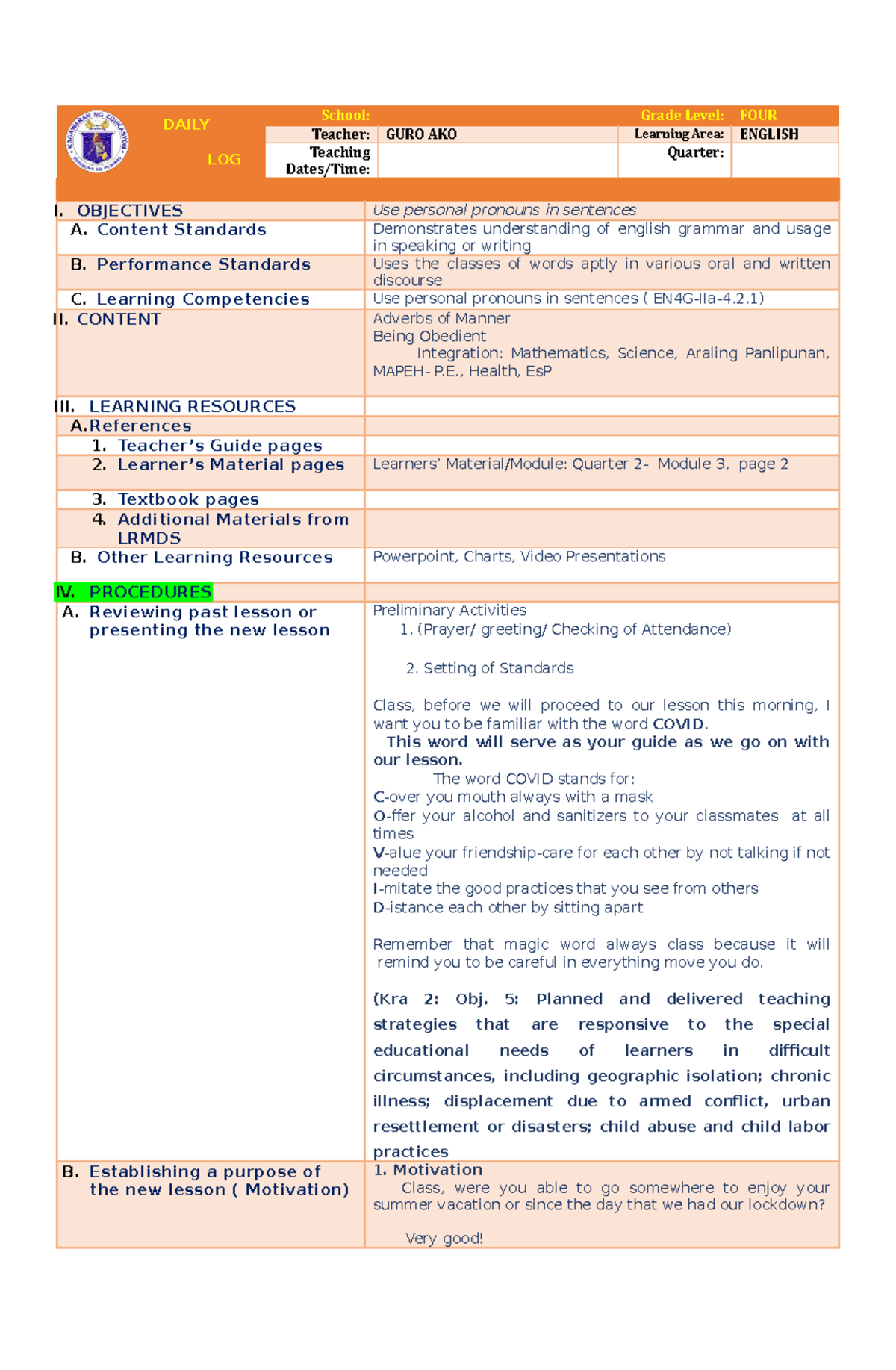 English-4-COT - COT - DAILY LESSON LOG School: Grade Level: FOUR ...