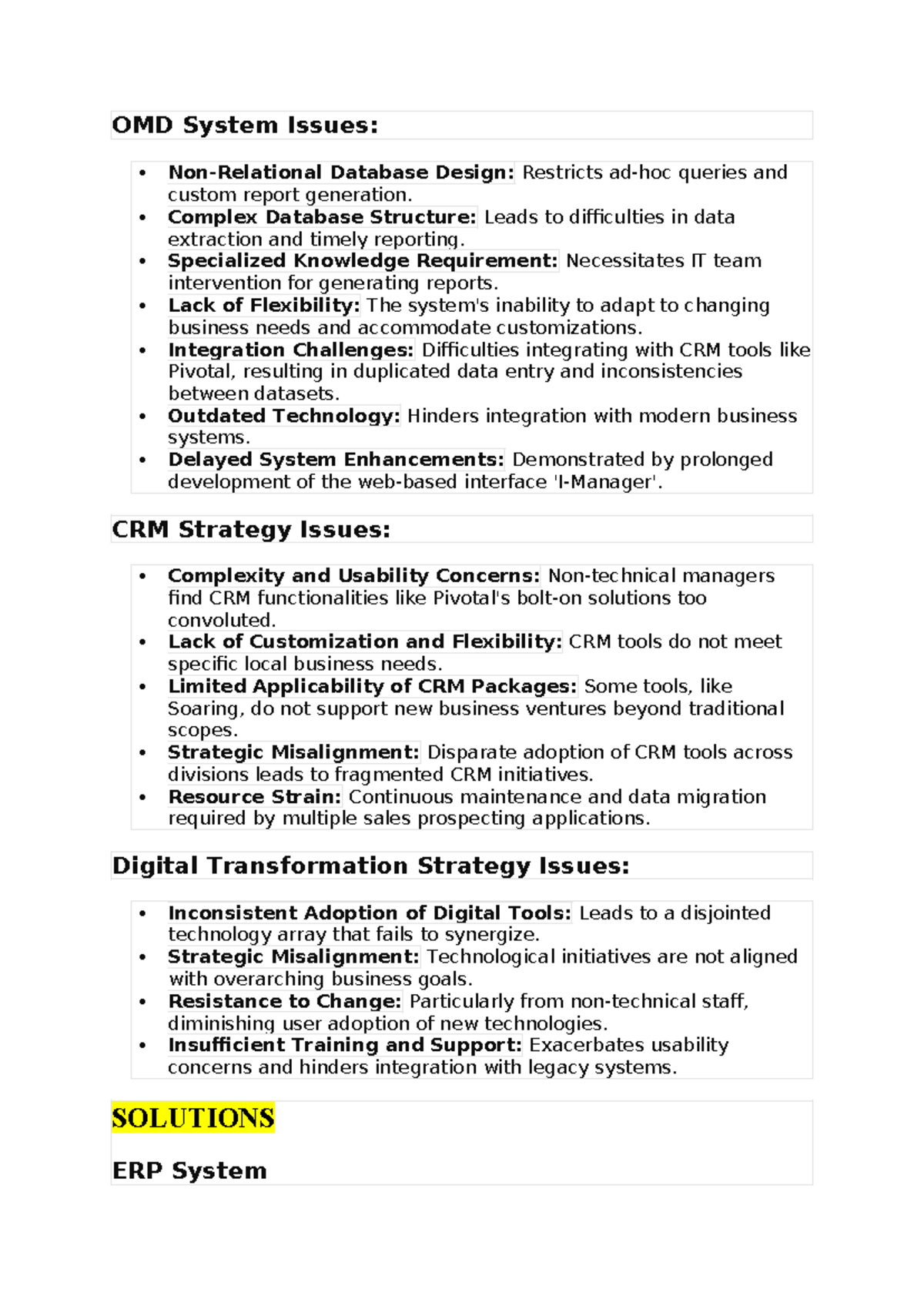 OMD System Issues - ERP benefits CRM EXAMPLE FROM BOOK REllife - OMD System Issues: Non ...