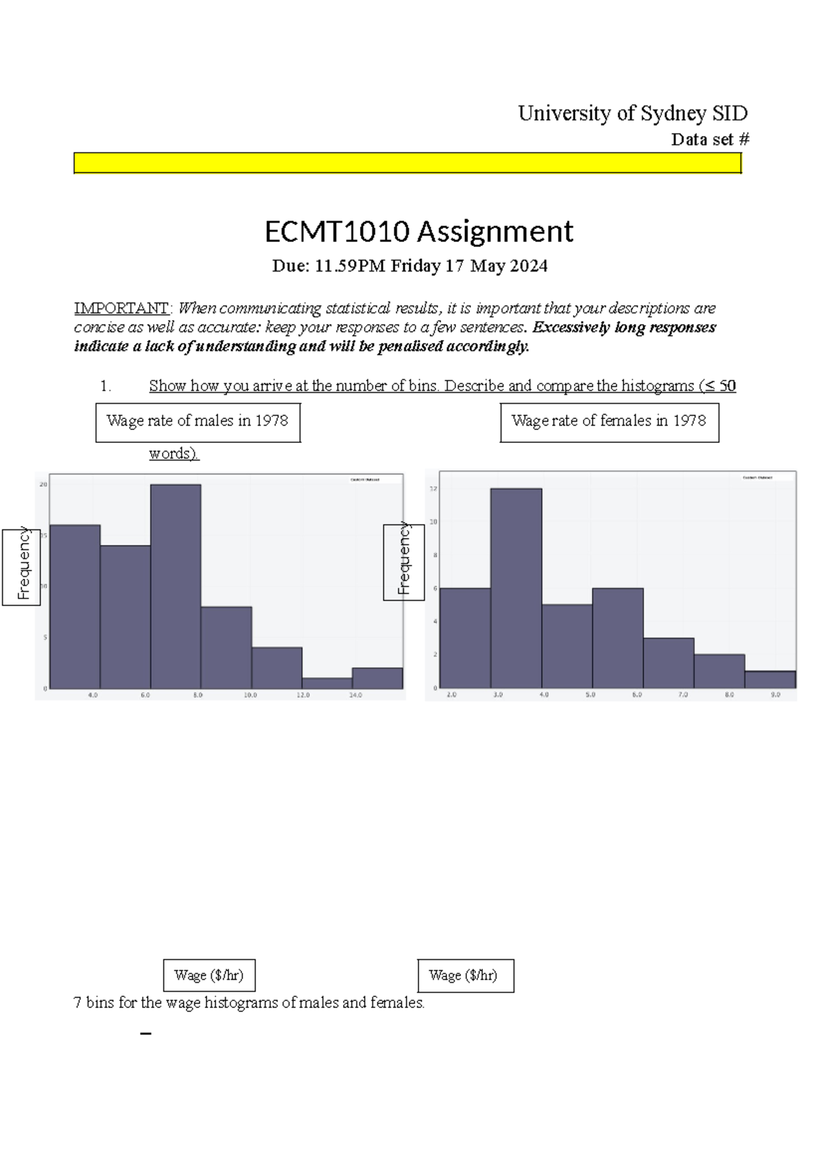 ECMT1010 assignment - Assessment task - University of Sydney SID Data set ECMT1010 Assignment ...