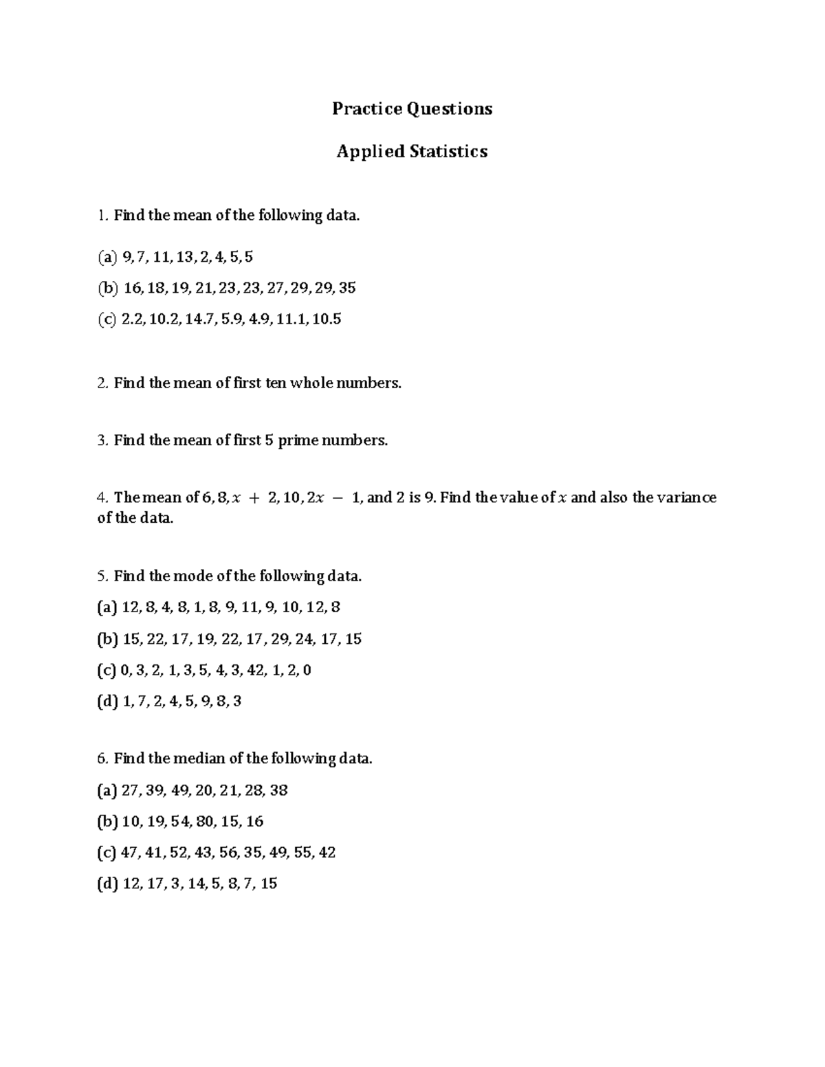 Practice questions II Applied Statistics - Practice Questions Applied ...