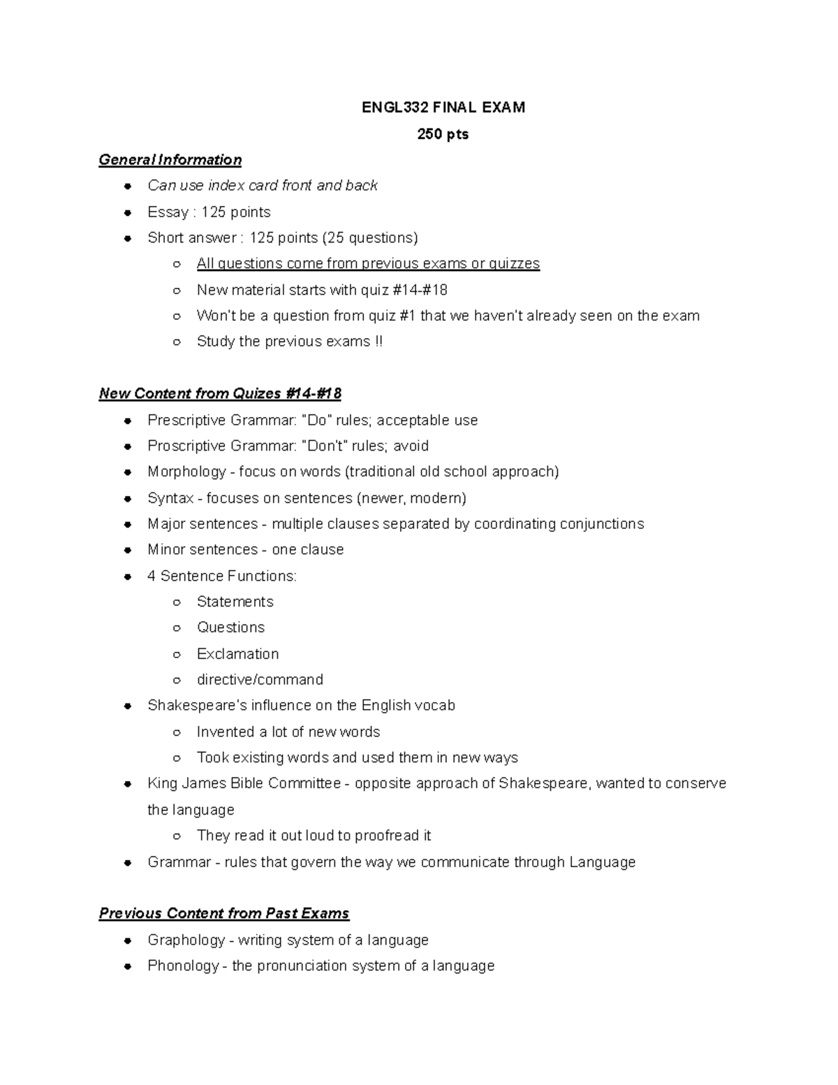 ENGL332 Final Exam - ENGL332 FINAL EXAM 250 pts General Information Can ...