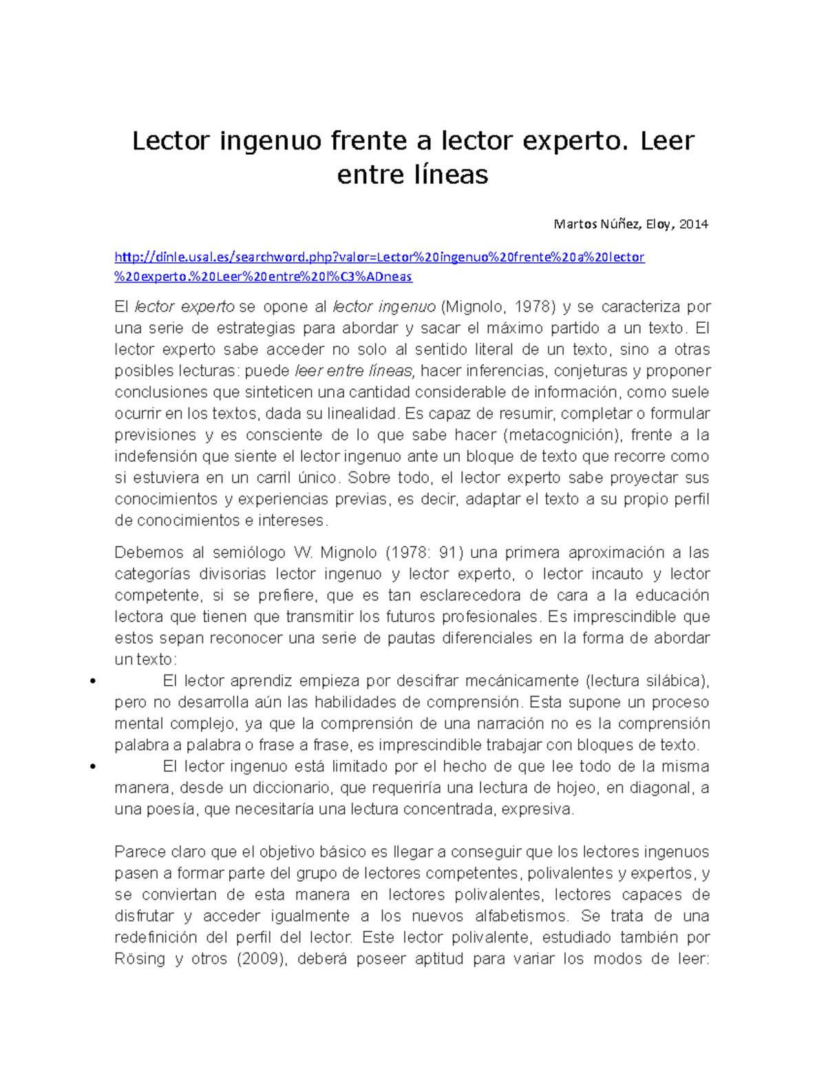 Lector ingenuo frente a lector experto - Leer entre líneas Martos Núñez ...