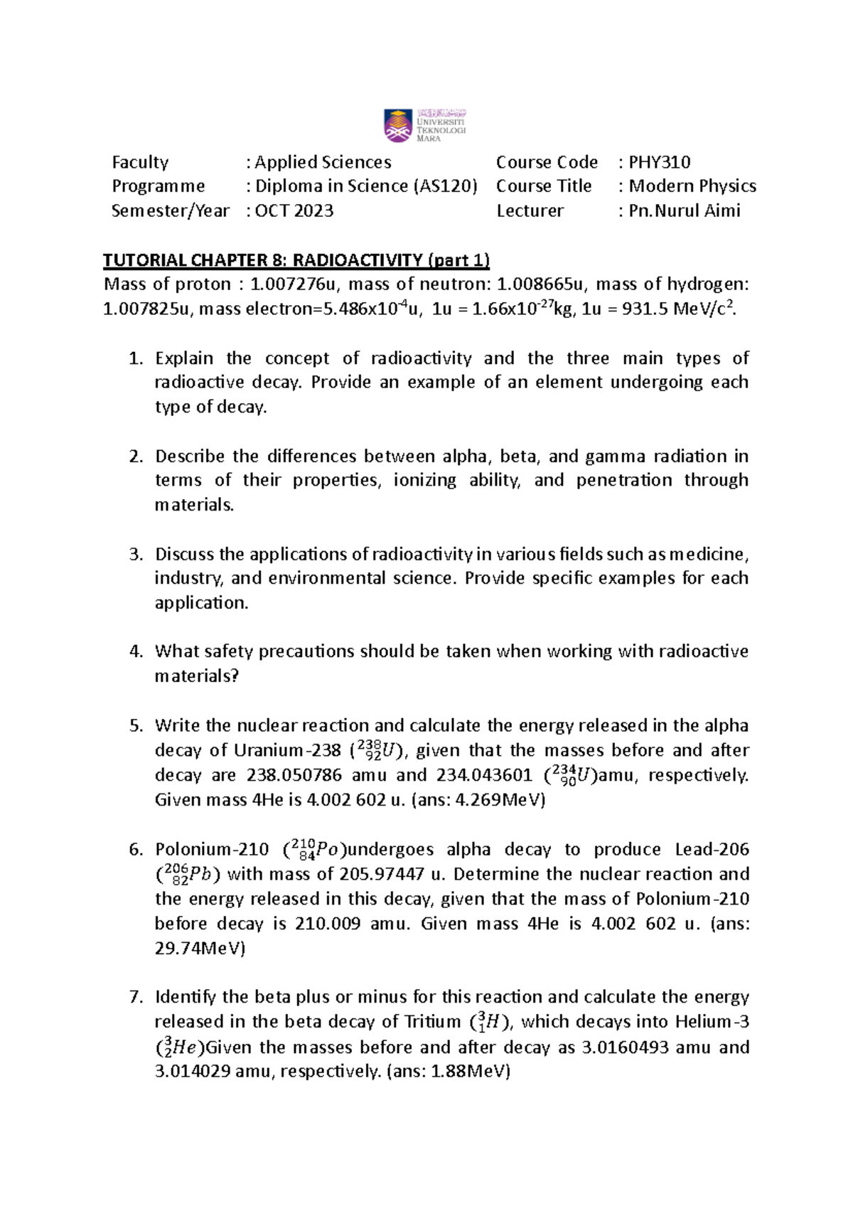 PHY310-MODERN PHYSICS ( Chapter 8) Radioactive, Tutorial Work - Faculty : Applied Sciences ...