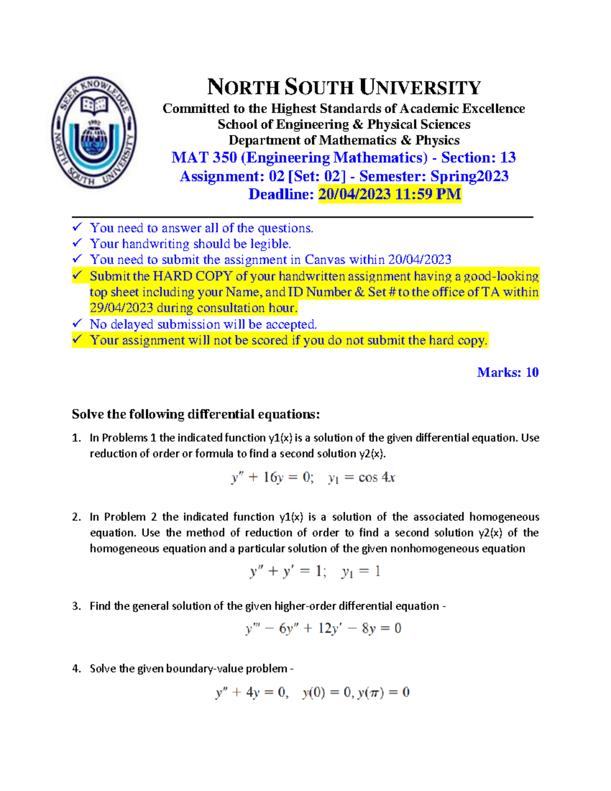 MAT 350.13 - Assignment 02 (Set 02) - Spring 2023 -1 - NORTH SOUTH ...