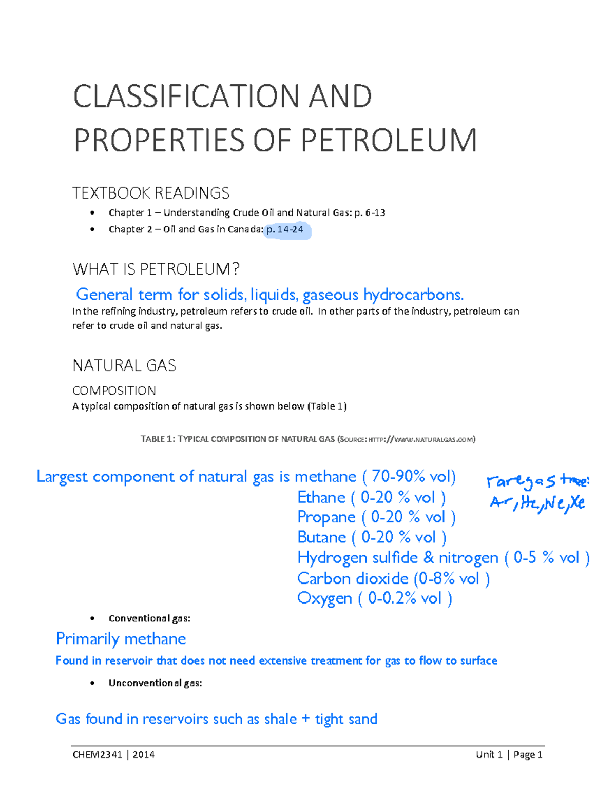 CHEM2341 - Unit 1 - Petroleum Properties (student) - CLASSIFICATION AND ...