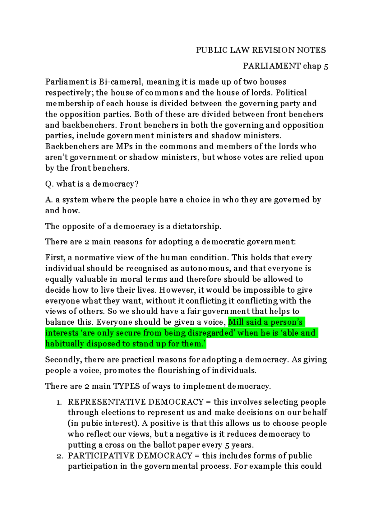 Parliament notes - PUBLIC LAW REVISION NOTES PARLIAMENT chap 5 ...