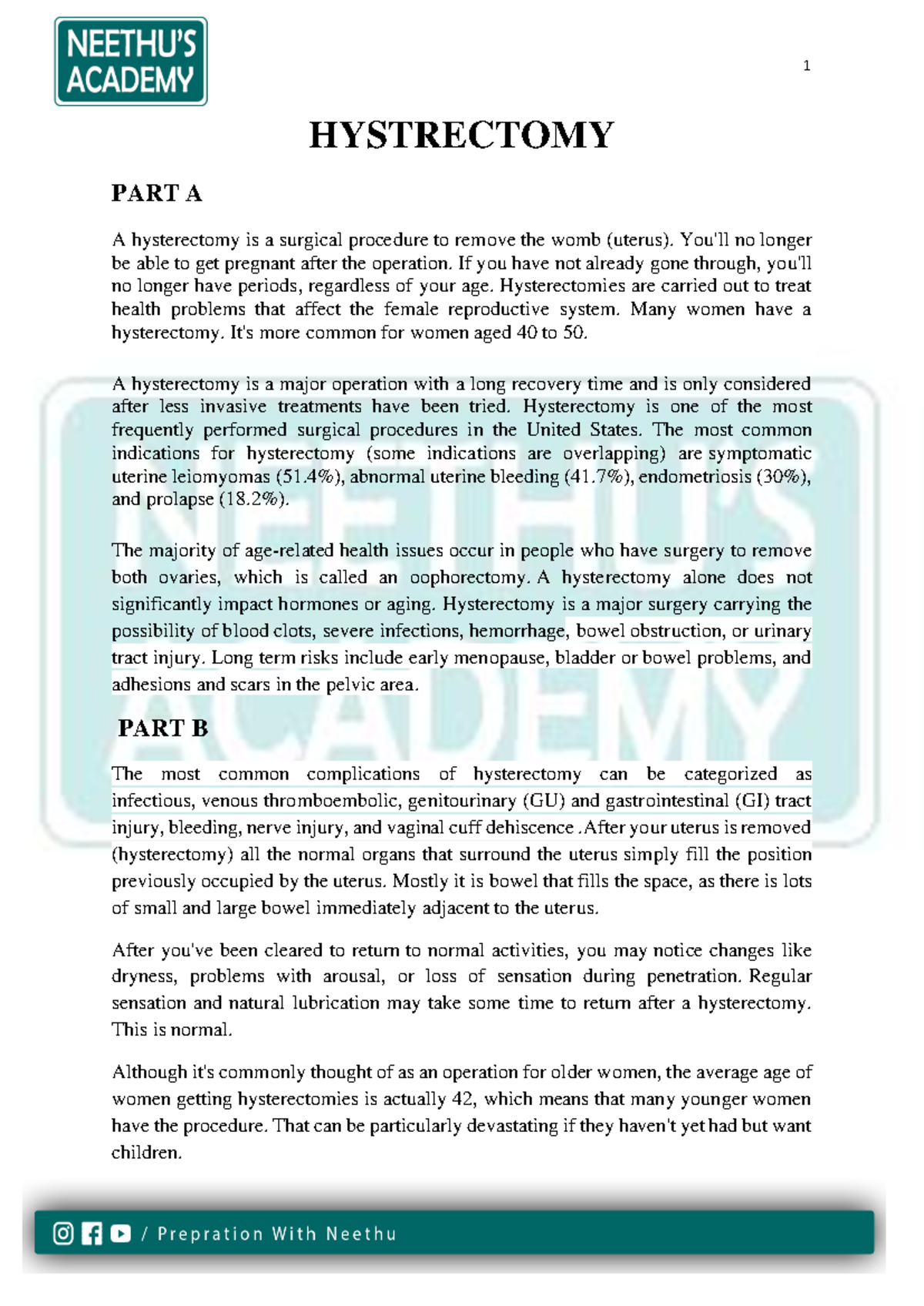 Hystrectomy. Basic briefing - ####### 1 HYSTRECTOMY PART A A ...