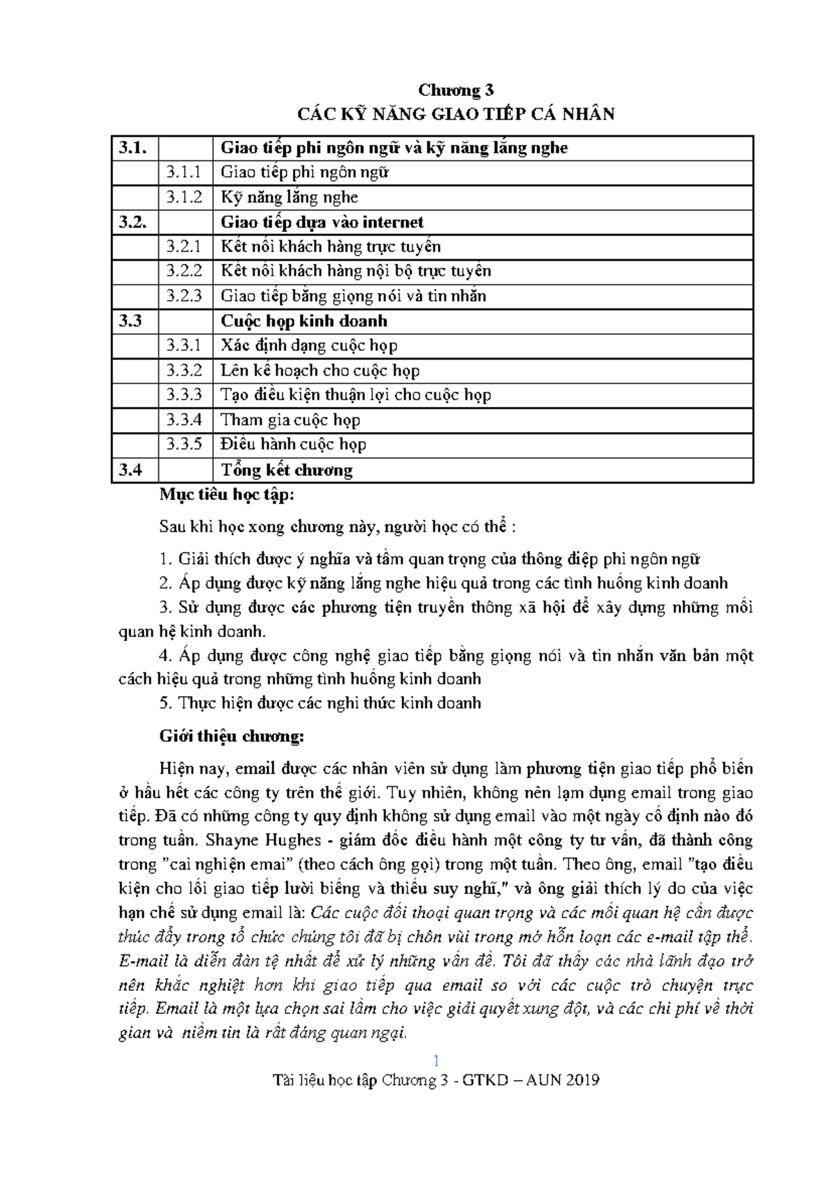 C3 GTKD AUN2019 - Summary Giao tiếp trong kinh doanh - 1 Chương 3 CÁC KỸ NĂNG GIAO TIẾP CÁ NHÂN ...