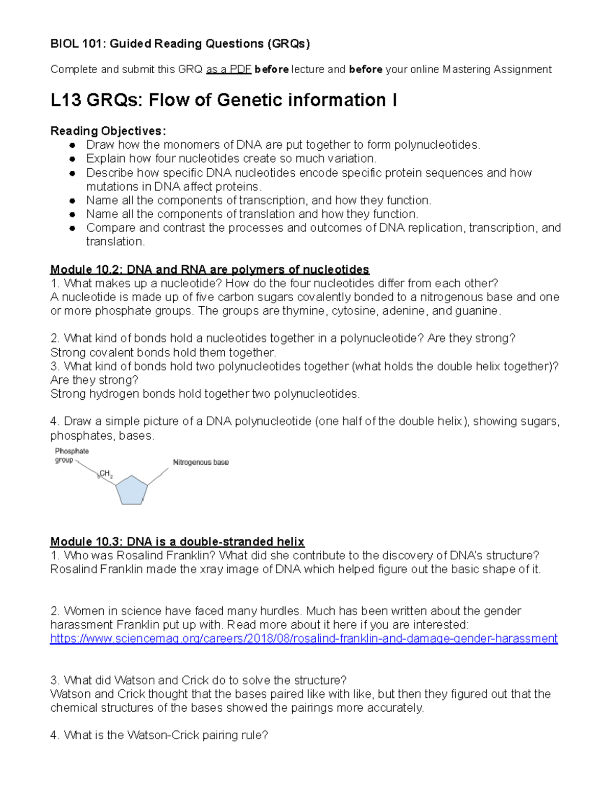 BIOL 101: Guided Reading Questions (GRQs) - Flow of Genetic Information ...