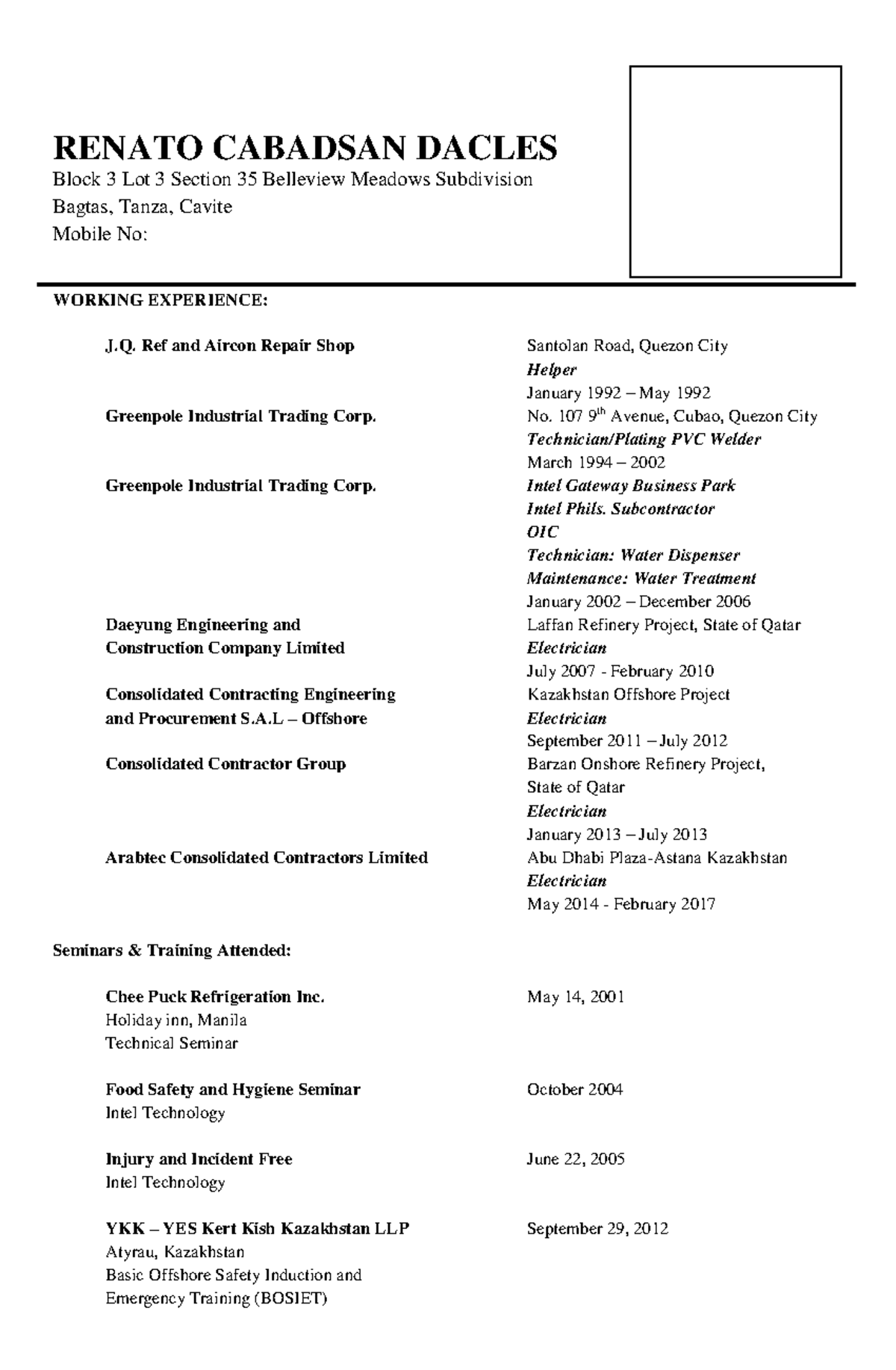 Dacles, Renato - Resume - RENATO CABADSAN DACLES Block 3 Lot 3 Section ...
