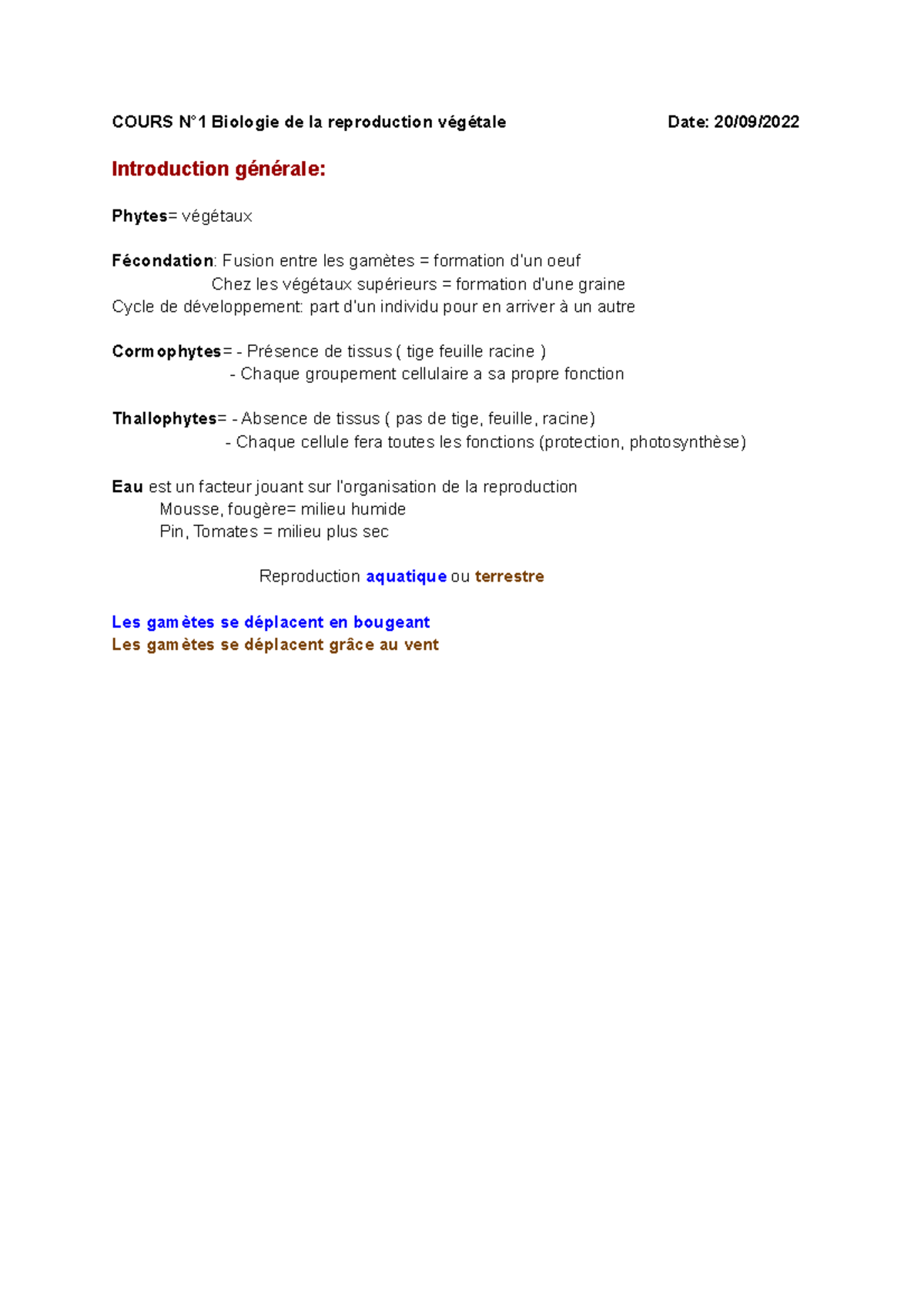 Cours N°1 Biologie de la reproduction végétale Date 20 09 2022 - COURS ...