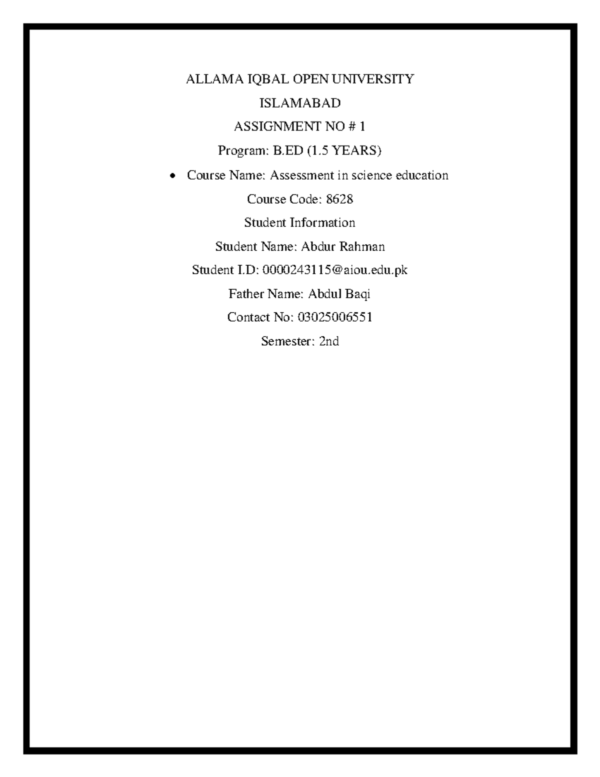 8628 1st assignment - ALLAMA IQBAL OPEN UNIVERSITY ISLAMABAD ASSIGNMENT ...