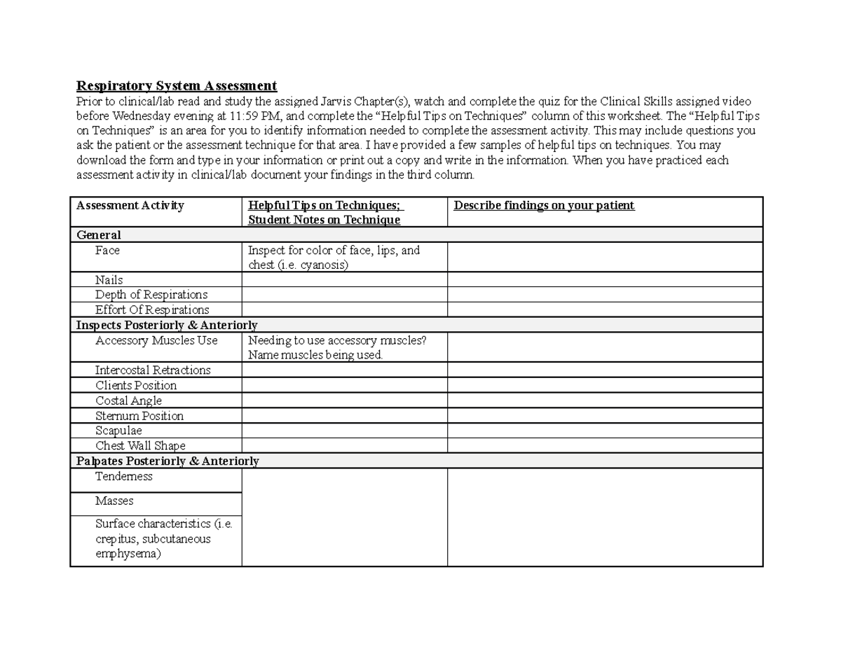 Respiratory System Assessment Lab Worksheets 2 - Respiratory System ...