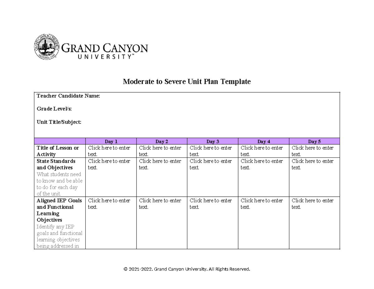 Moderate to severe unit plan template - Moderate to Severe Unit Plan ...